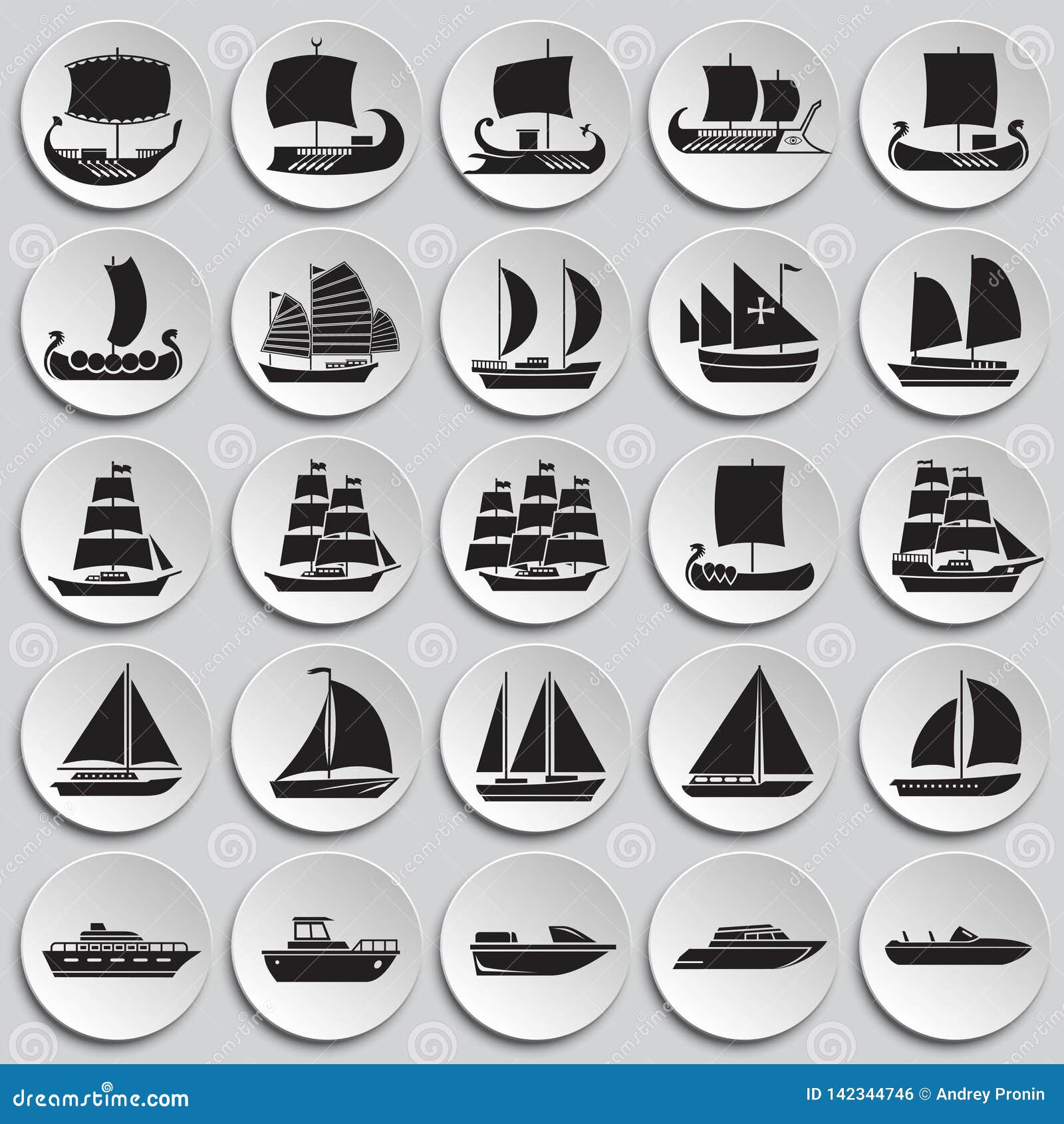 Ship Icons Set on Plates Background for Graphic and Web Design. Simple ...