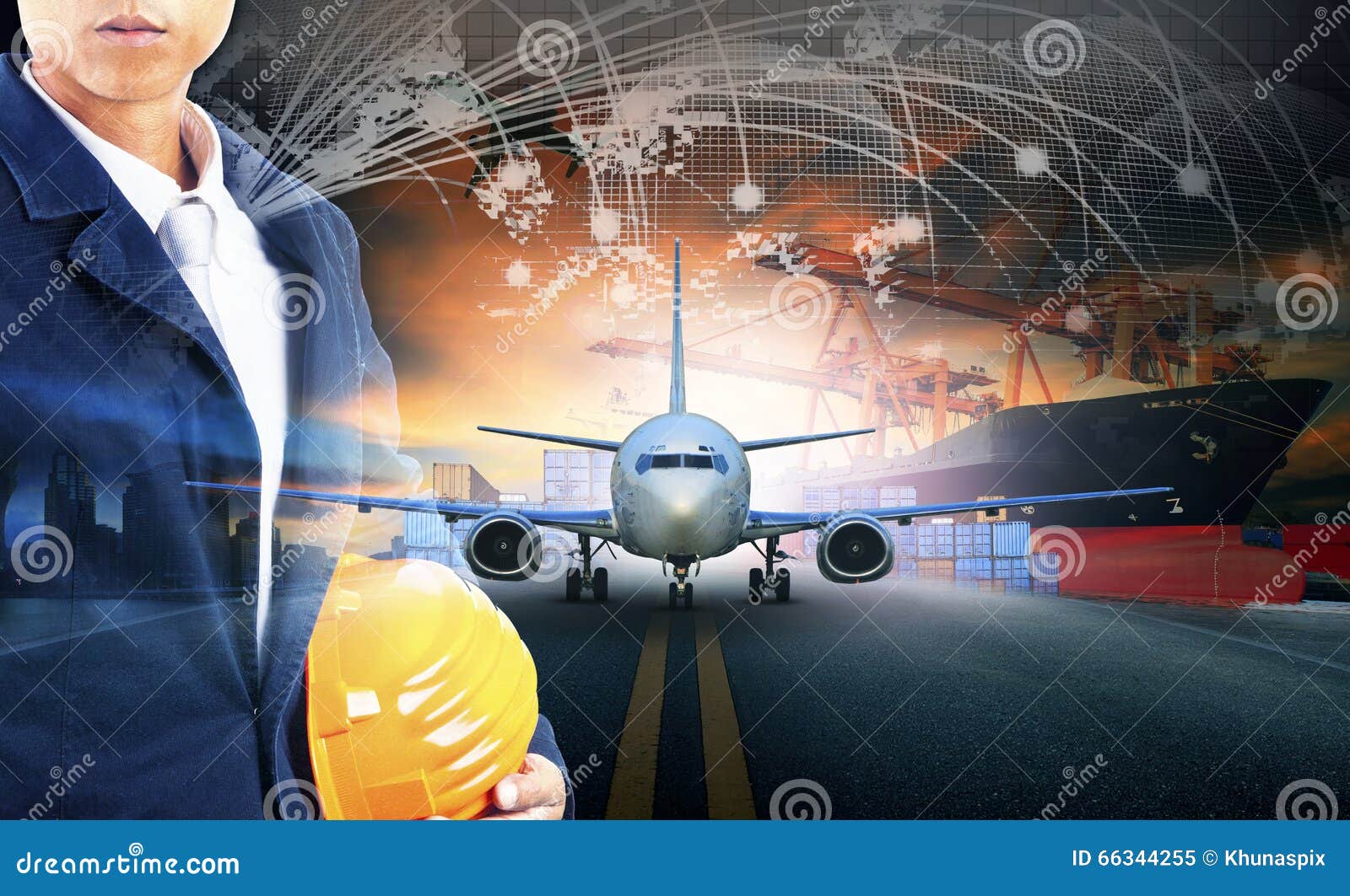 Ship Loading Container in Import - Export Pier and Air Cargo Plane ...