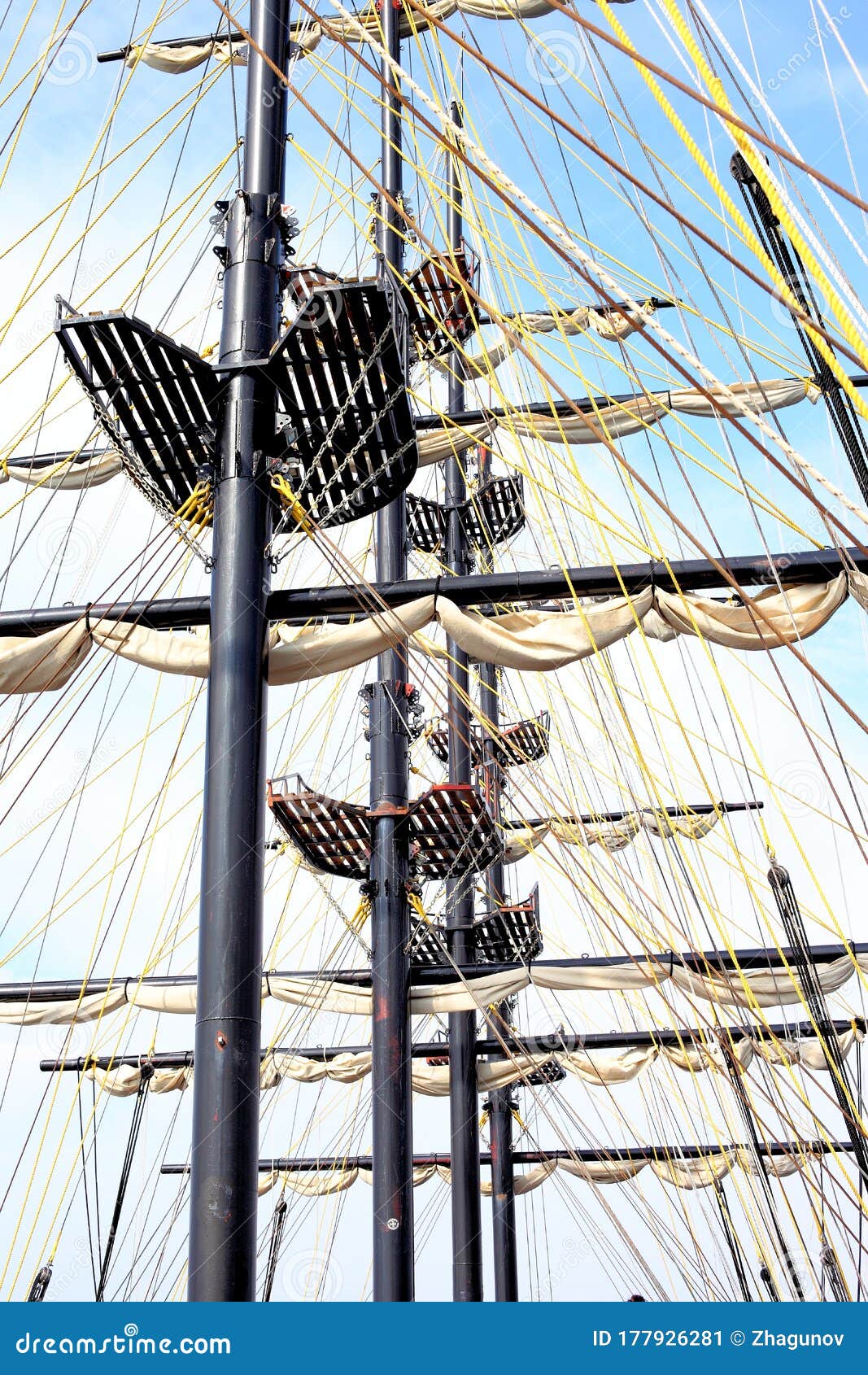 Ship Mast with Folded Sails Stock Image - Image of highlight, marine ...
