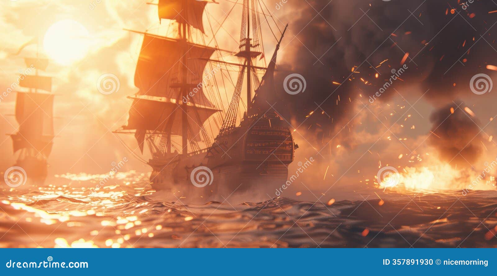 A Ship in the Midst of Battle at Sunset. Created by Generative ...