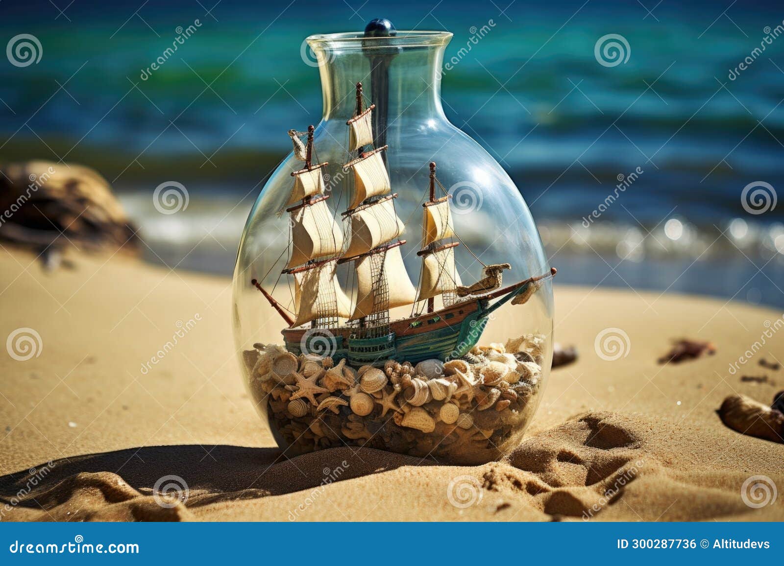 A Ship Model in a Bottle on a Sandy Beach with Real Shells Around it ...