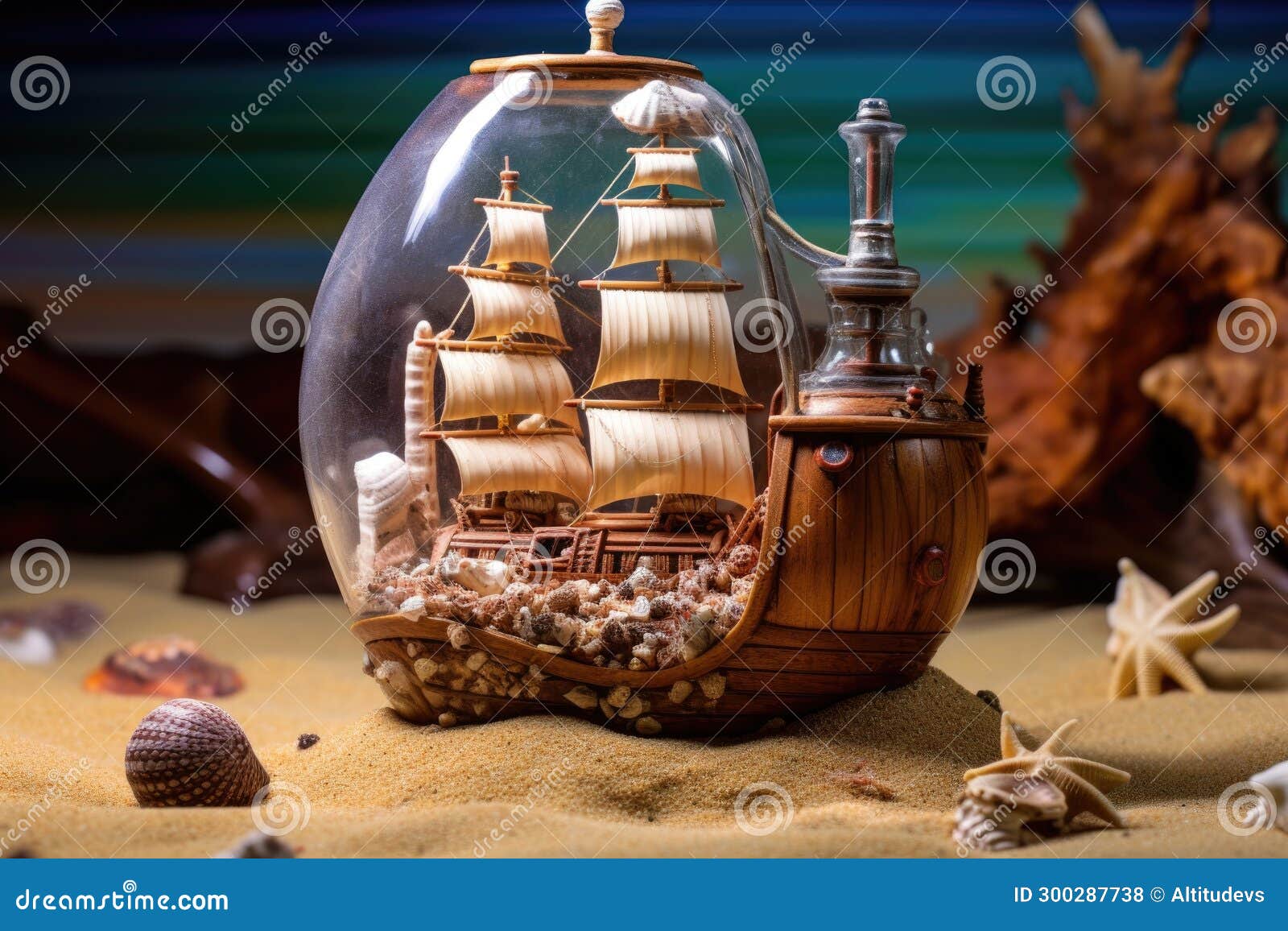 A Ship Model in a Bottle on a Sandy Beach with Real Shells Around it ...