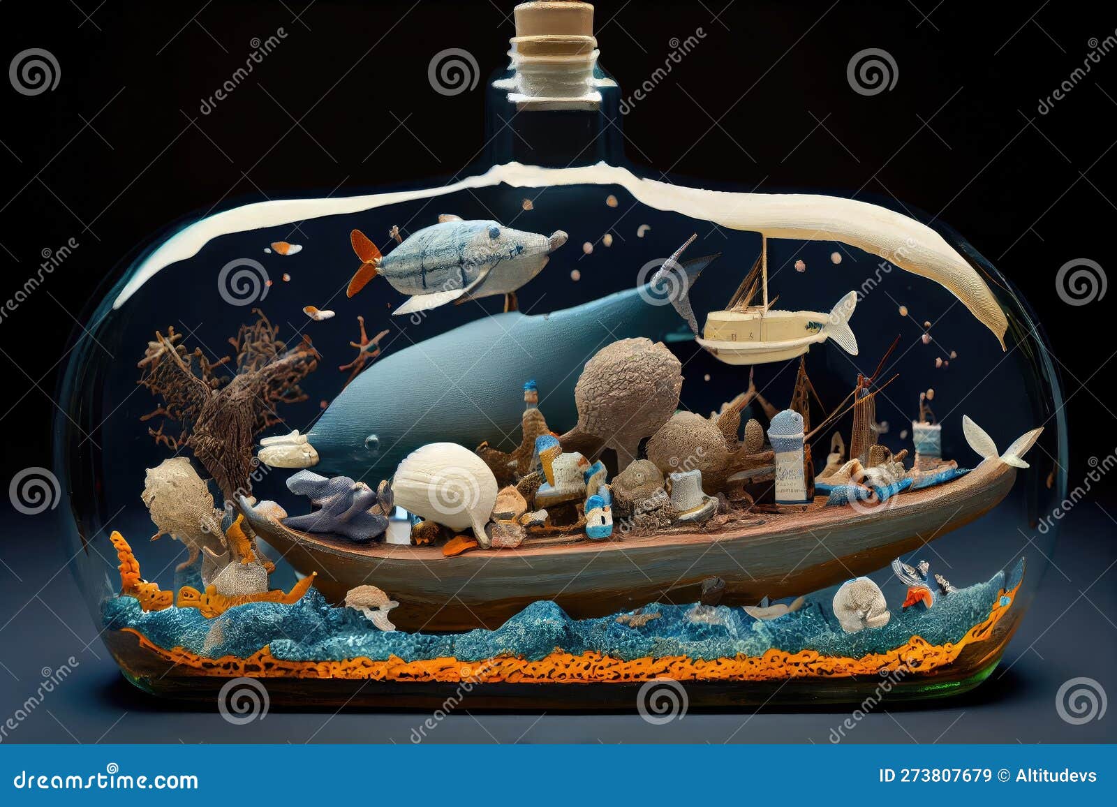 Ship Model in Bottle Surrounded by Collection of Miniature Sea ...