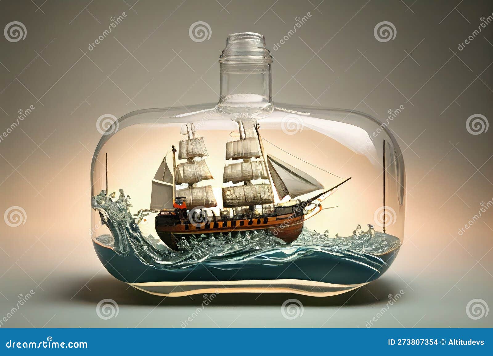 Ship Model Floating in Bottle that is Half Filled with Water Stock ...