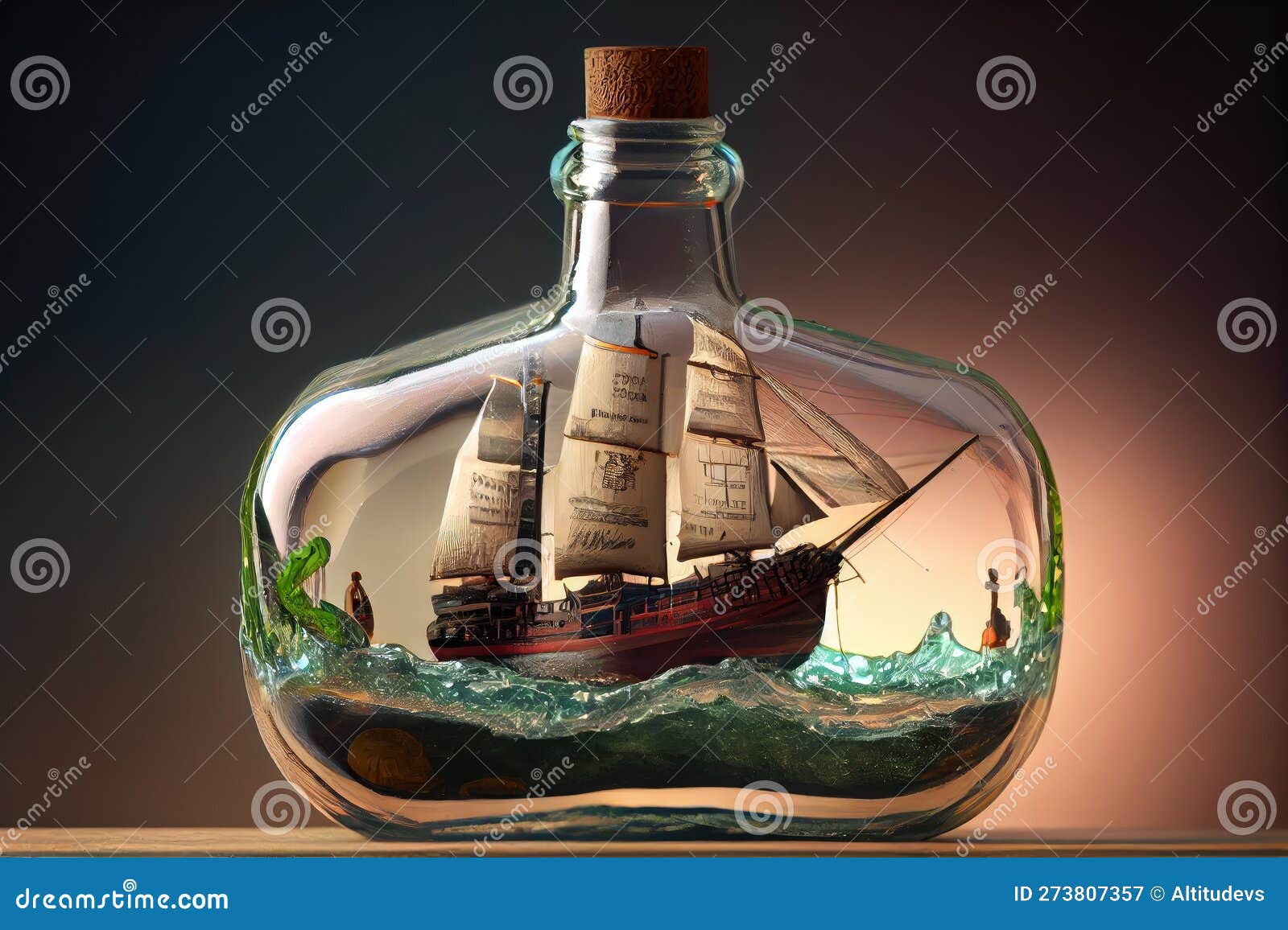 Ship Model Floating in Bottle that is Half Filled with Water Stock ...