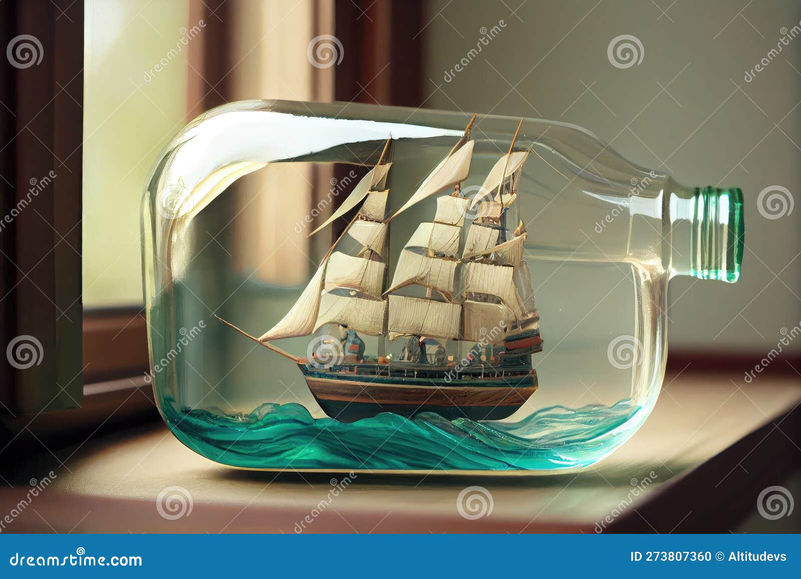 Ship Model Floating in Bottle that is Half Filled with Water Stock ...