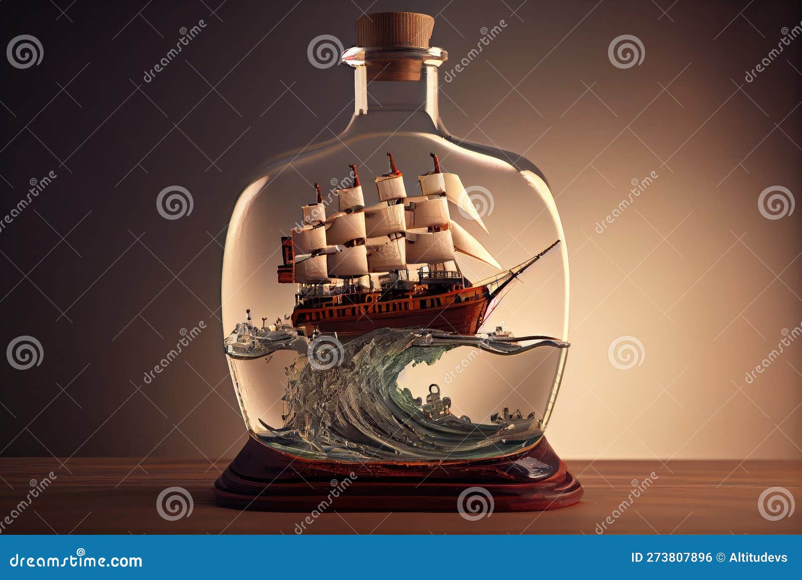 Ship Model Floating in Bottle with Stream of Water Stock Illustration ...
