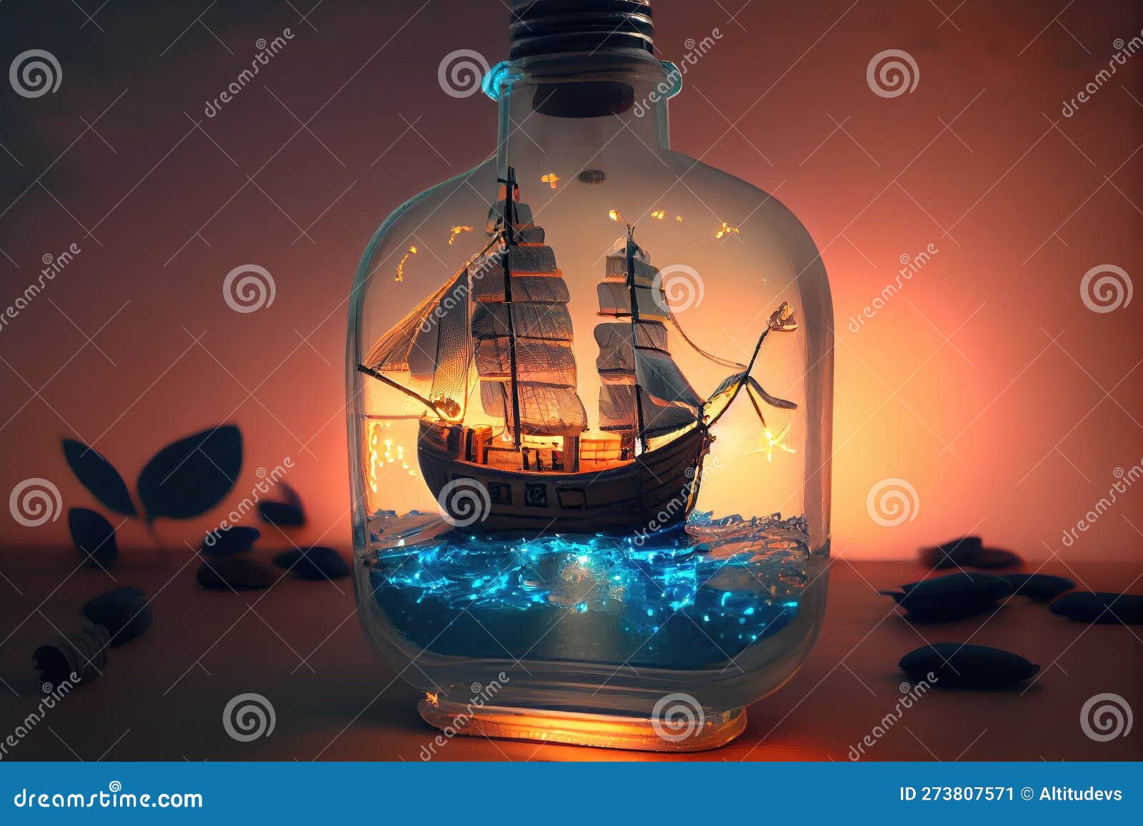 Ship Model Floating in Bottle, Surrounded by Water and Lights Stock ...