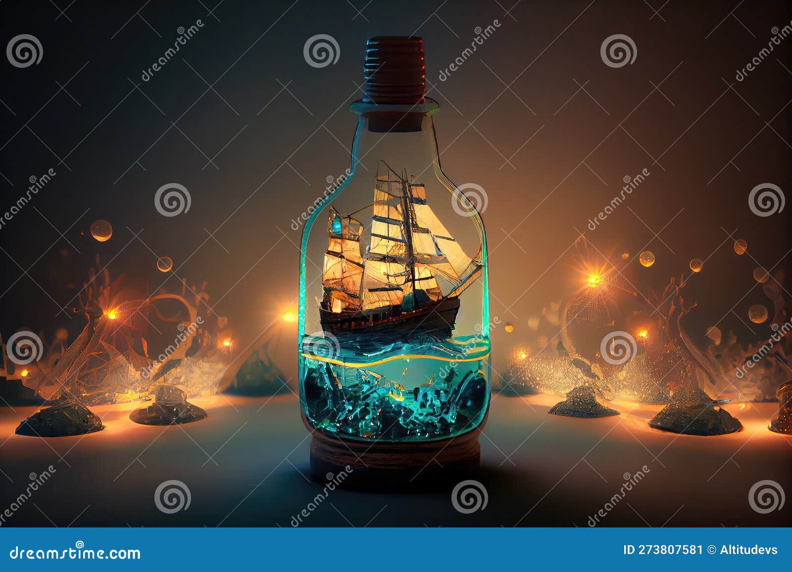 Ship Model Floating in Bottle, Surrounded by Water and Lights Stock ...