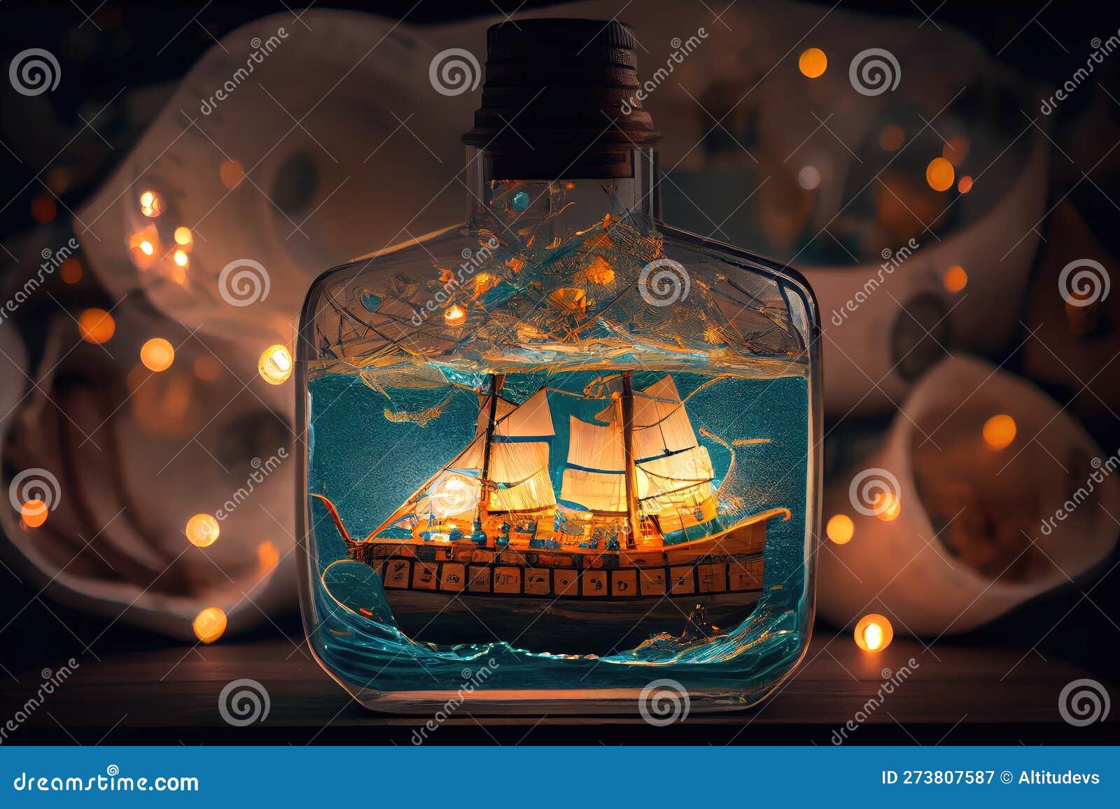 Ship Model Floating in Bottle, Surrounded by Water and Lights Stock ...