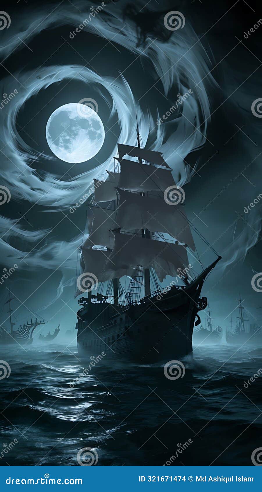 A Ship in the Night Sky with a Full Moon in the Background Stock ...
