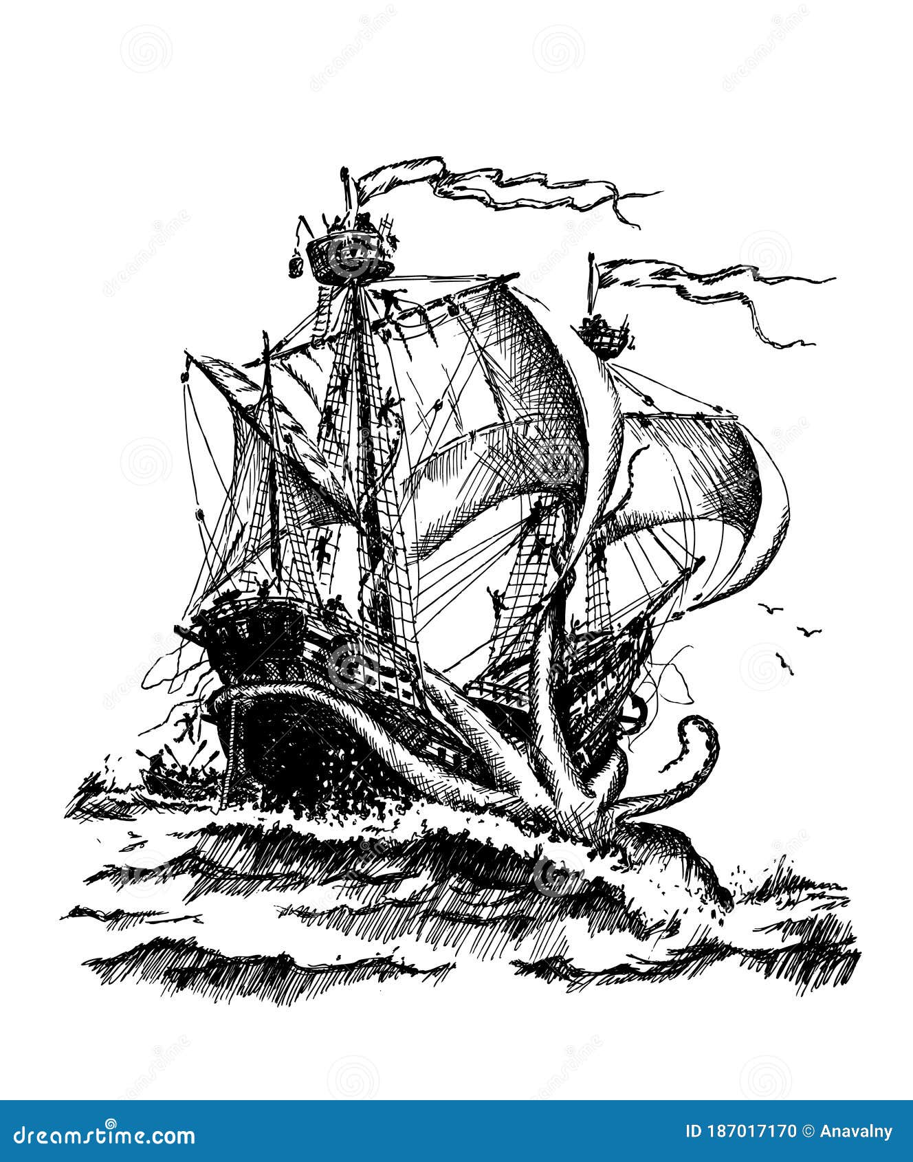 Octopus And Ship Drawing