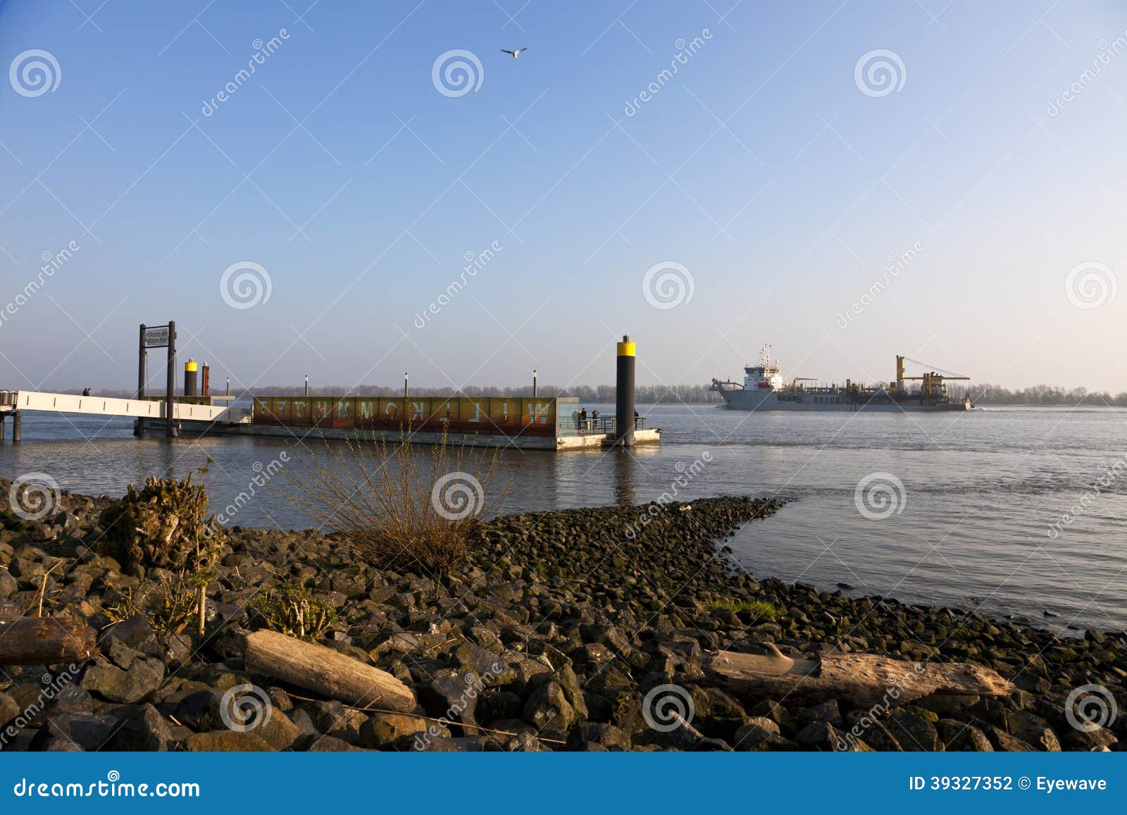 Ship Passing Welcome Point on the Elbe River Stock Photo - Image of ...