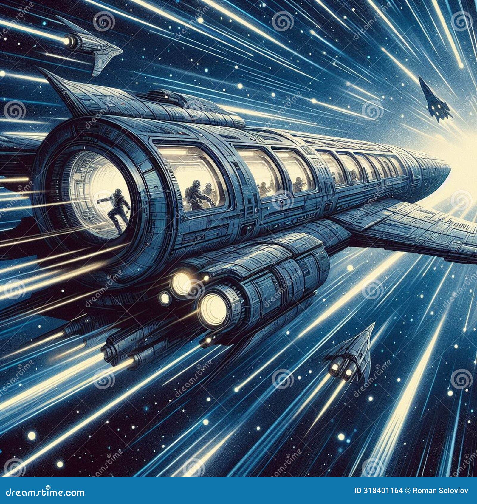 A Ship with People Travels through Space. Space Travelling Stock ...