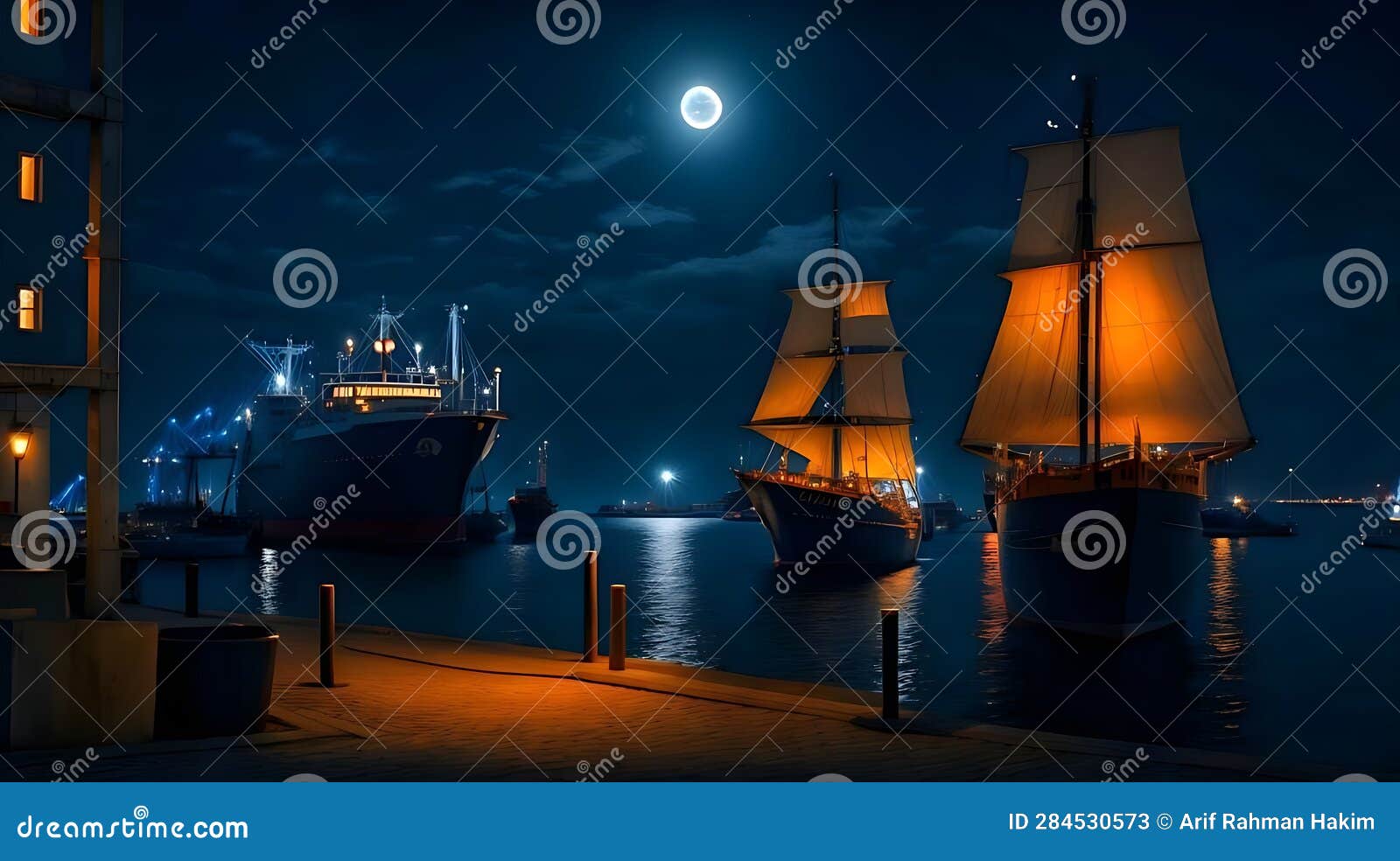 Ship and the Port, Night View Cityscape with Light AI Generated Image ...