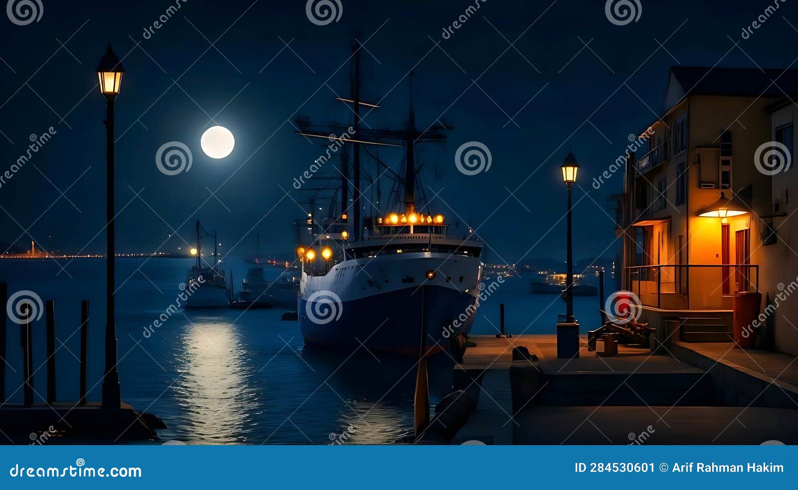 Ship and the Port, Night View Cityscape with Light AI Generated Image ...