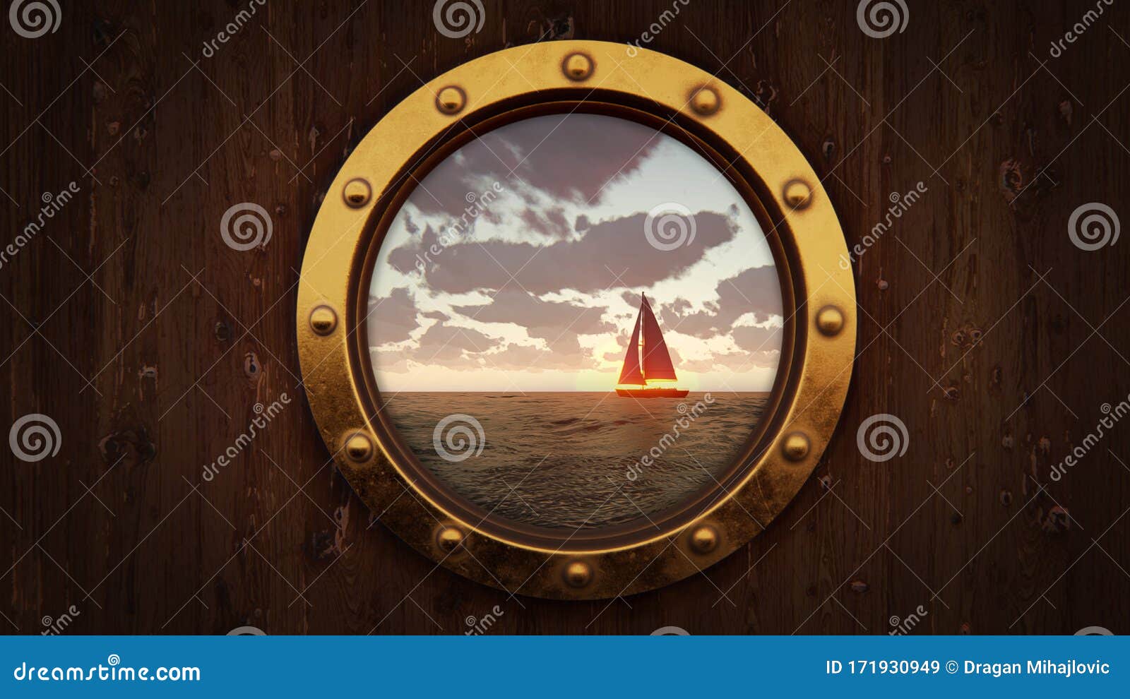 Ship Porthole and Sailing Boat Float on the Water Stock Illustration ...