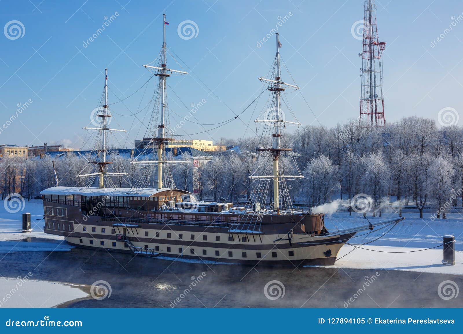 The Ship is on the River in Winter in Novgorod Stock Image - Image of ...