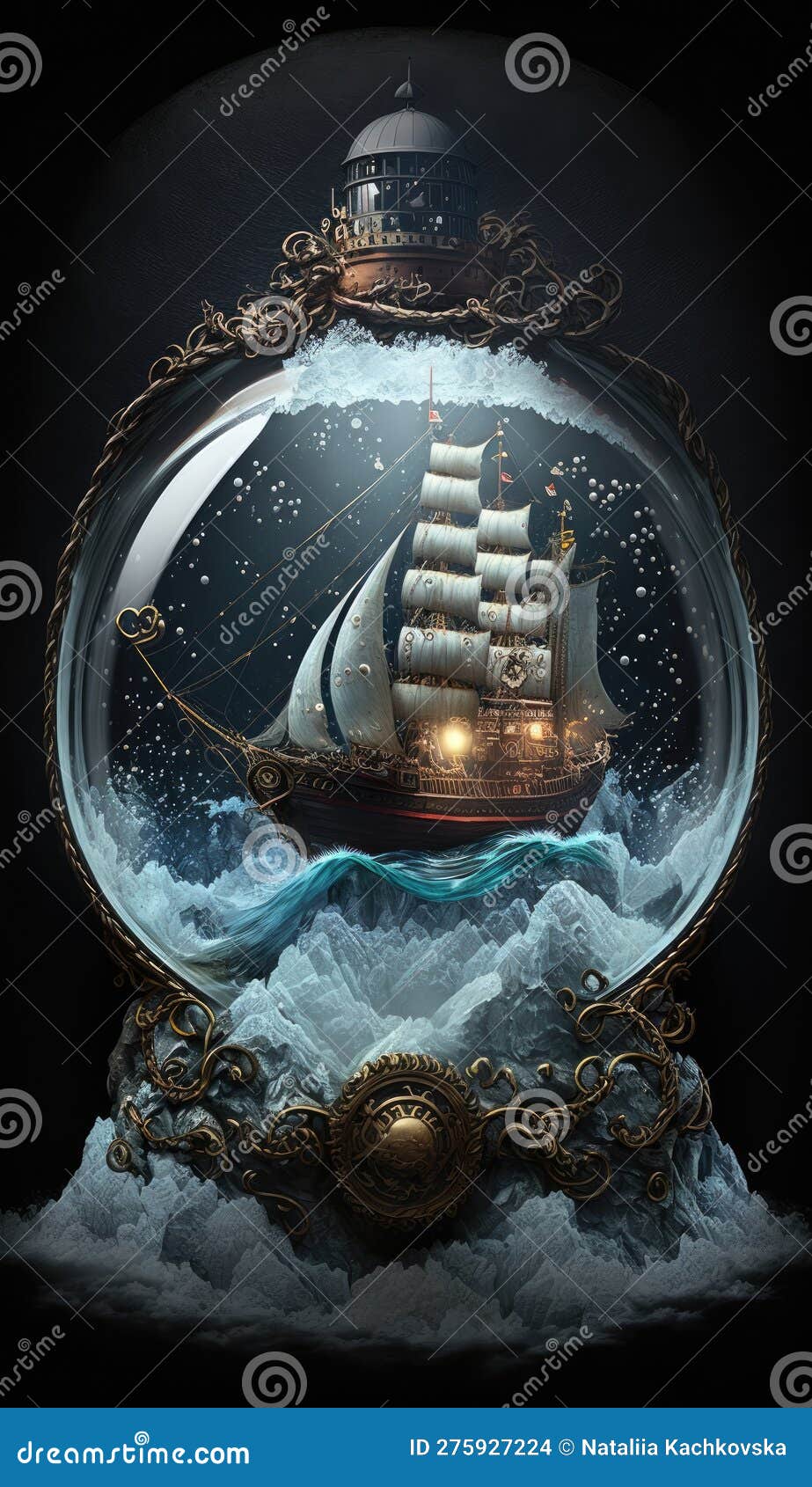 Ship on a Roiling Ocean in the Crystal Ball Stock Illustration ...