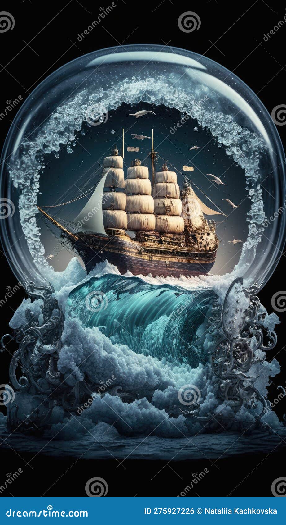 Ship on a Roiling Ocean in the Crystal Ball Stock Illustration ...