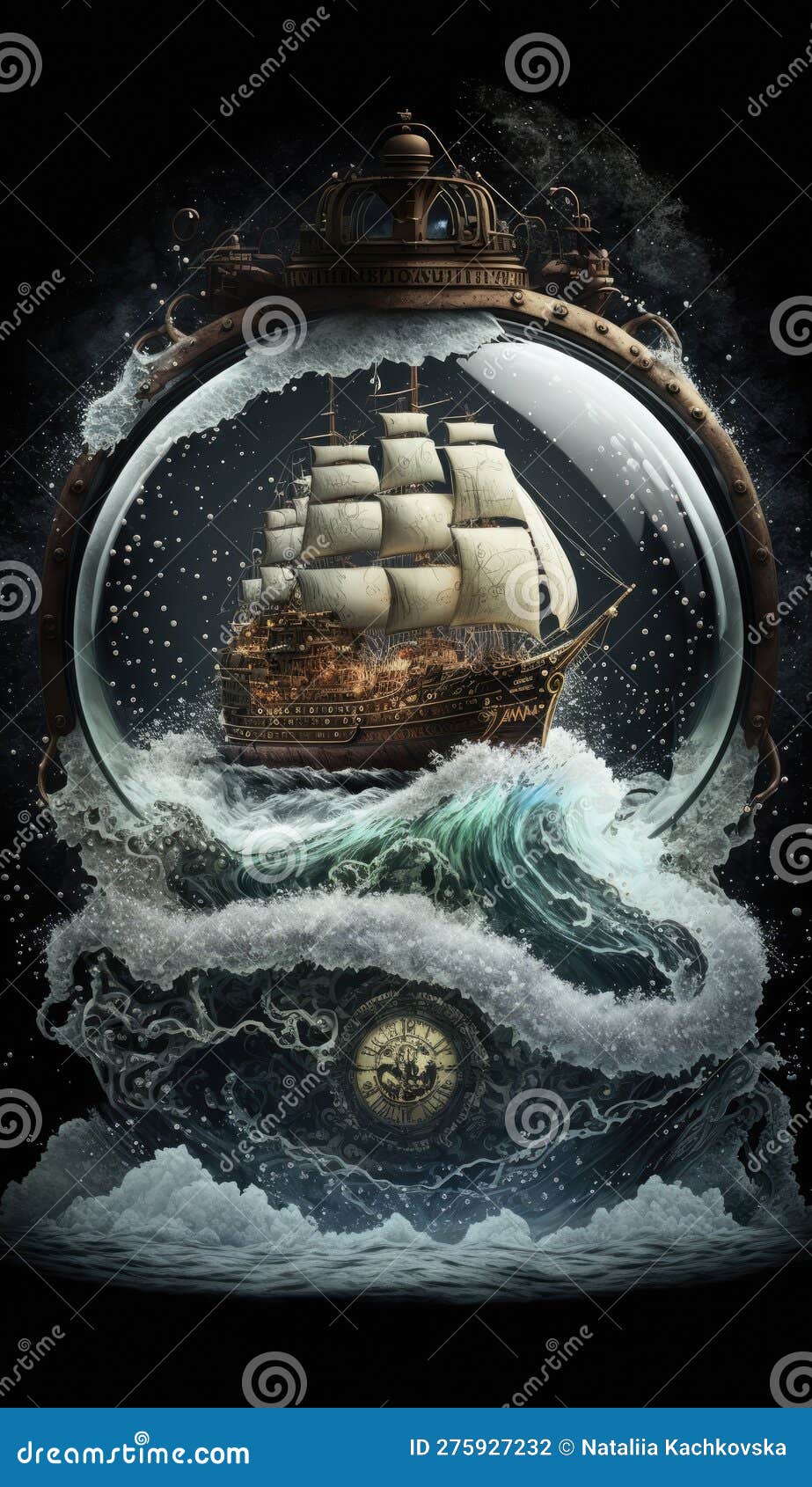 Ship on a Roiling Ocean in the Crystal Ball Stock Illustration ...