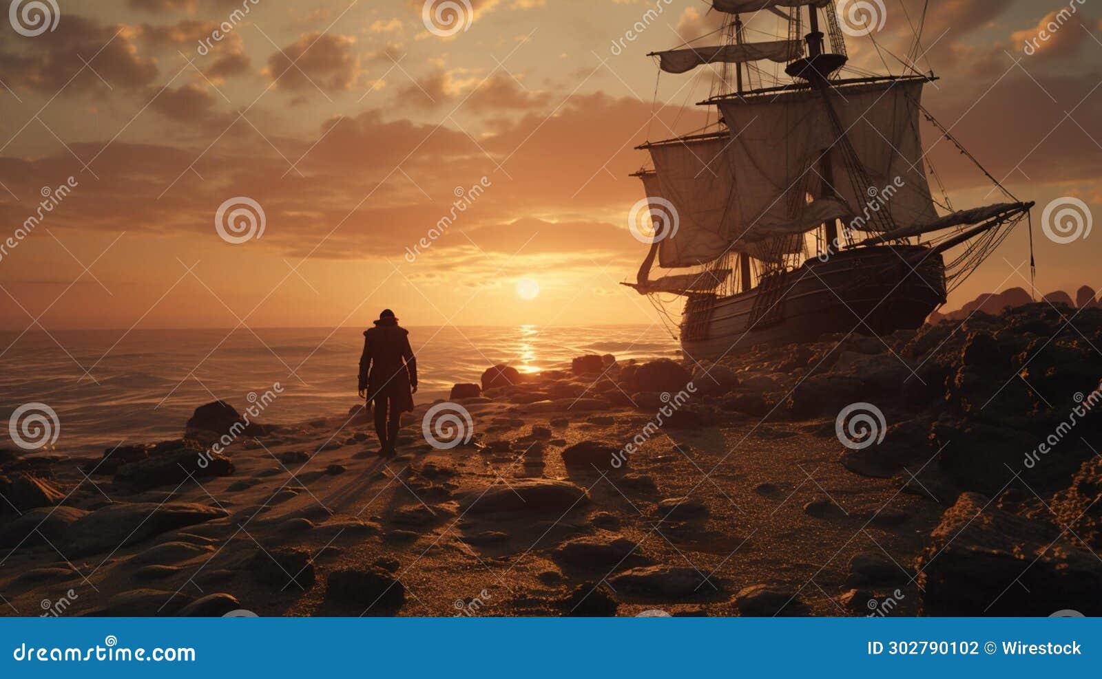 Ship S Captain Searching for Survivors on the Beach at Sunset, AI ...