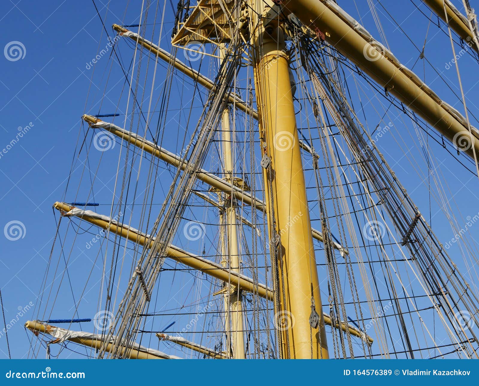 The Ship`s Rope Hangs on the Mast of a Sailing Ship. a Bay of Nylon ...