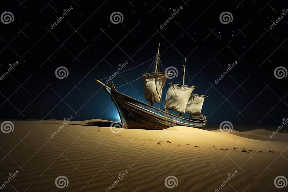 A Ship or Sail Boat Stranded on a Sand Dune. Generative AI Stock ...