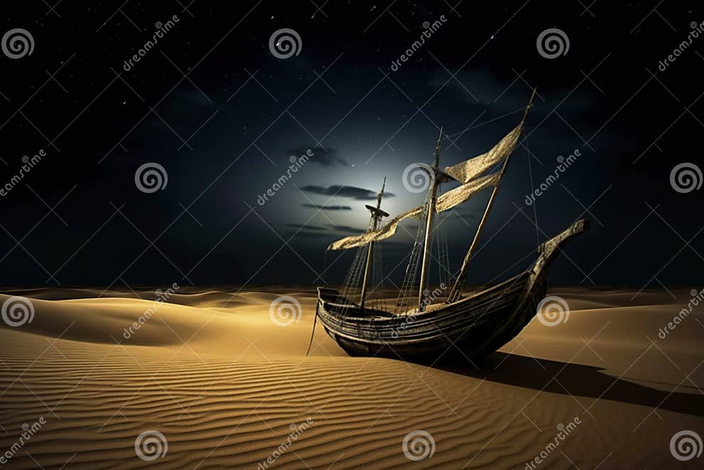A Ship or Sail Boat Stranded on a Sand Dune. Generative AI Stock ...