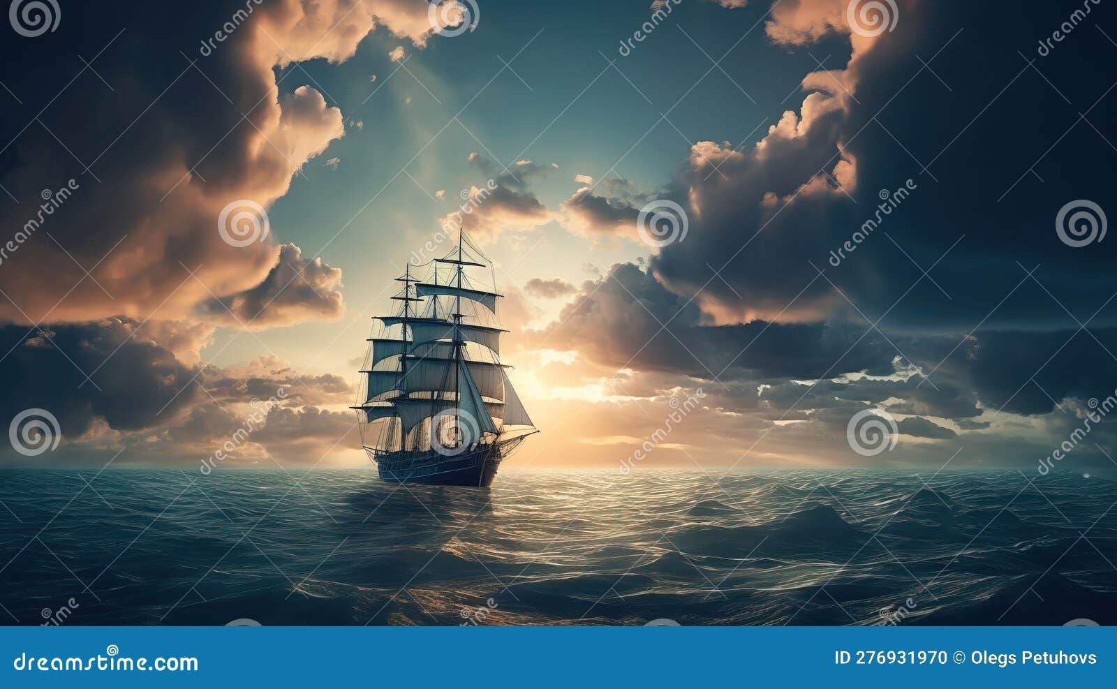 A Ship Sailing in the Middle of the Ocean Under a Cloudy Sky with Sun ...