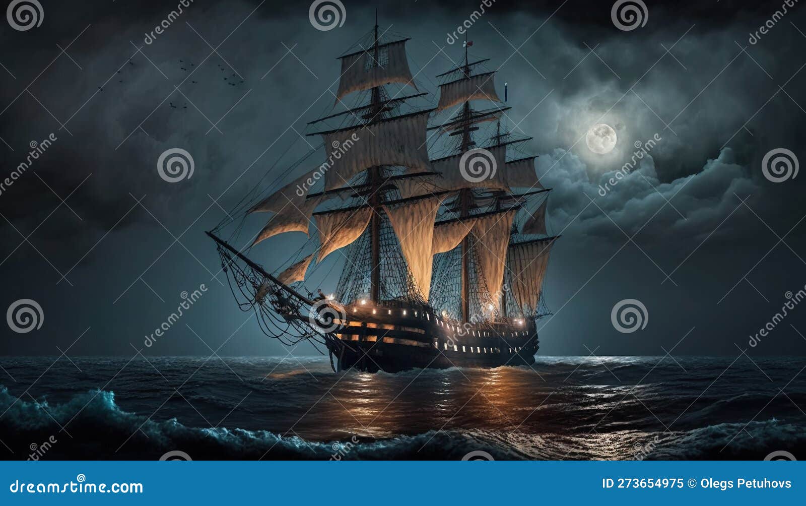A Ship Sailing in the Ocean with a Full Moon in the Background Stock ...