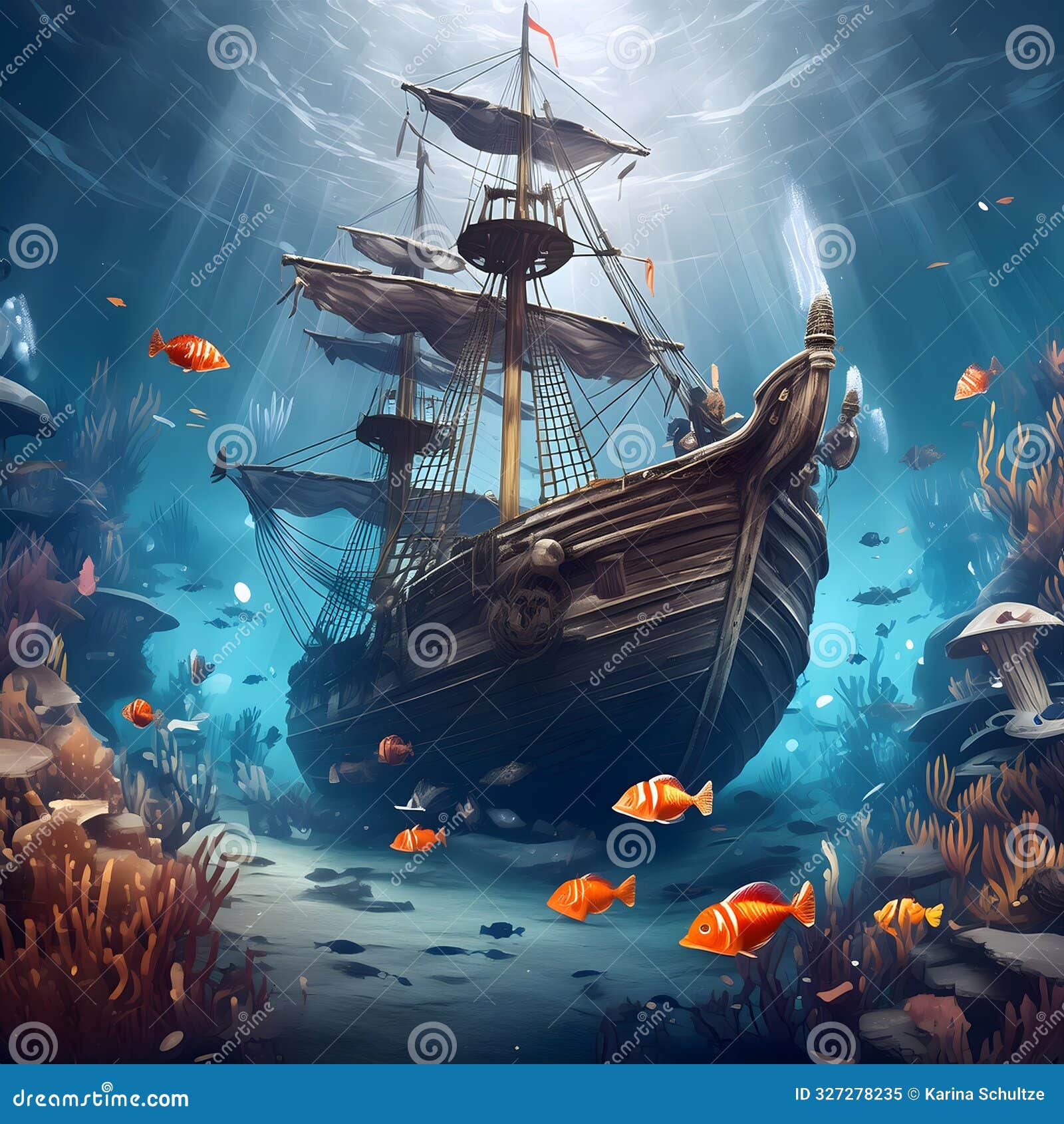 A Ship is Sailing in the Ocean with a Group of Fish Swimming Around it ...
