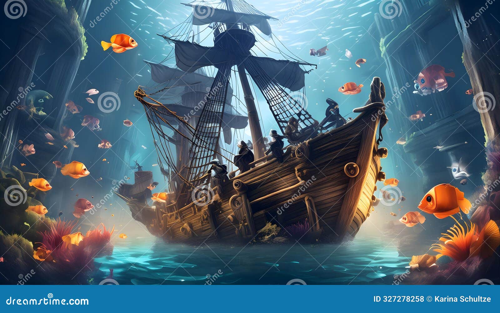 A Ship is Sailing in the Ocean with a Group of Fish Swimming Around it ...