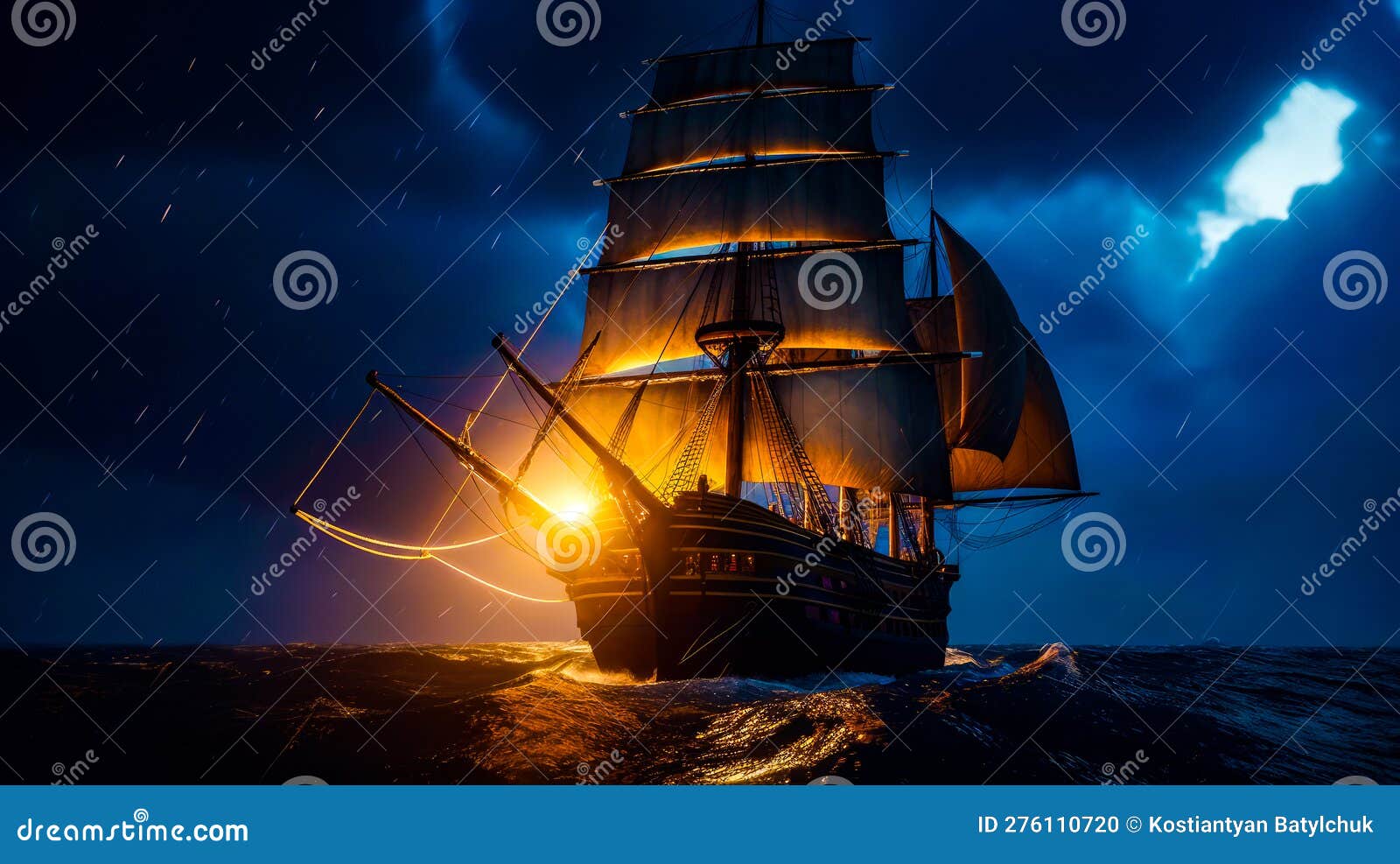 Ship Sailing in the Ocean at Night with Bright Light on it. Generative ...
