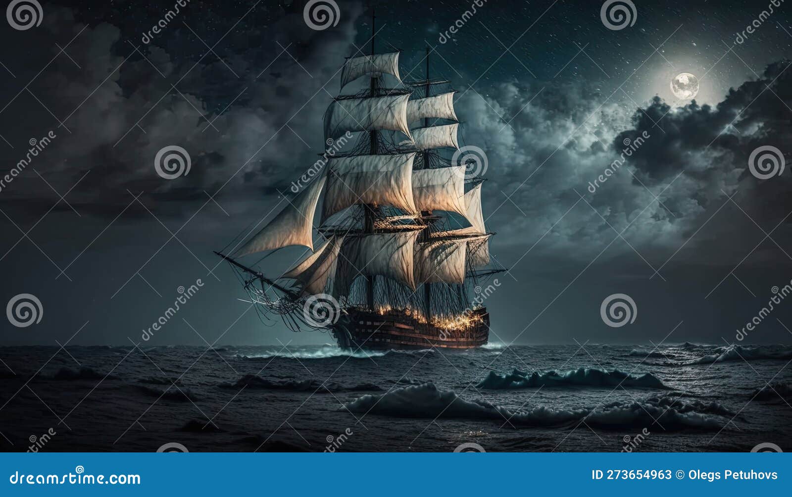 A Ship Sailing in the Ocean Under a Full Moon Filled Sky Stock Image ...