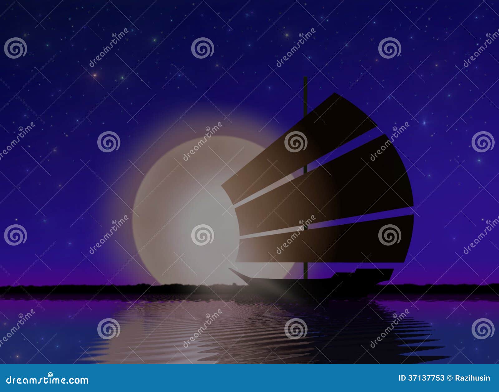 Ship Sailing at Sea with Moonlight Stock Illustration - Illustration of ...