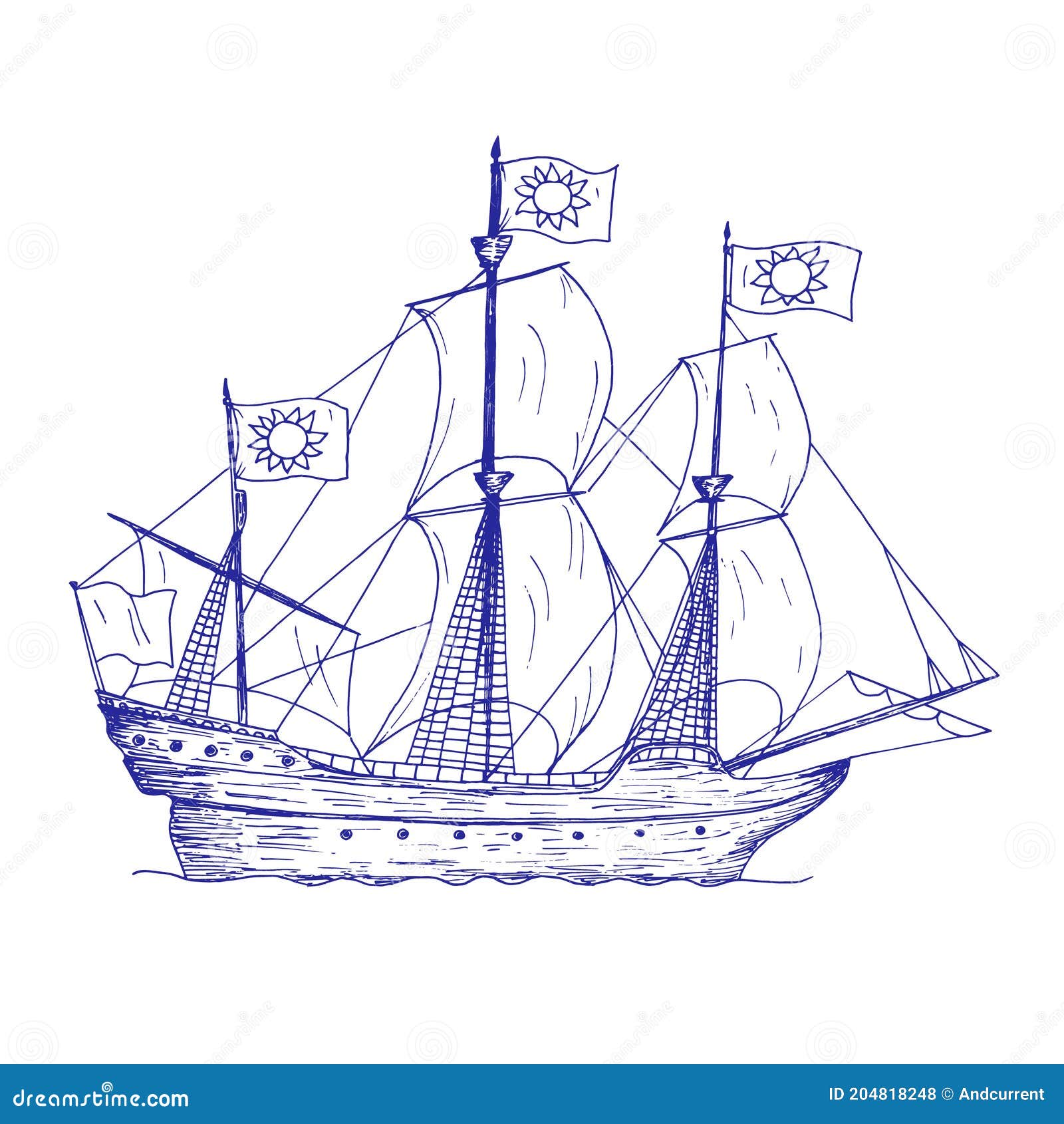 Ship. Hand Drawn Black Realistic Outline Vector Illustration. Stock ...