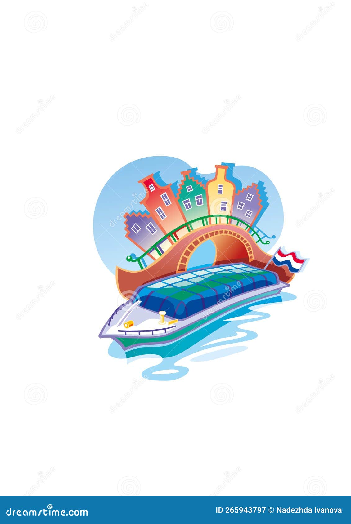 The Ship Sails on the River Under the Bridge. Vector Illustration in ...