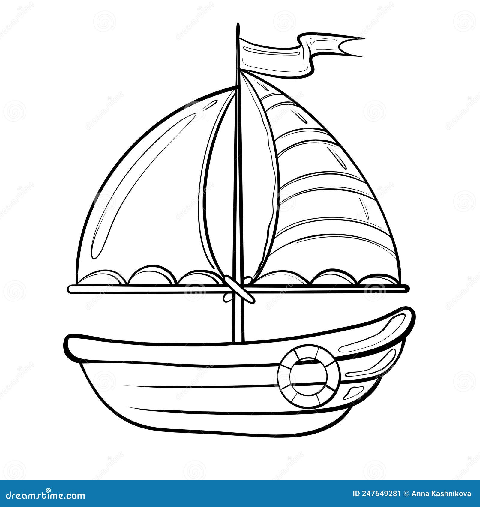 Ship with Scribble Sails Black Outline Isolated on a White Background Stock Illustration ...