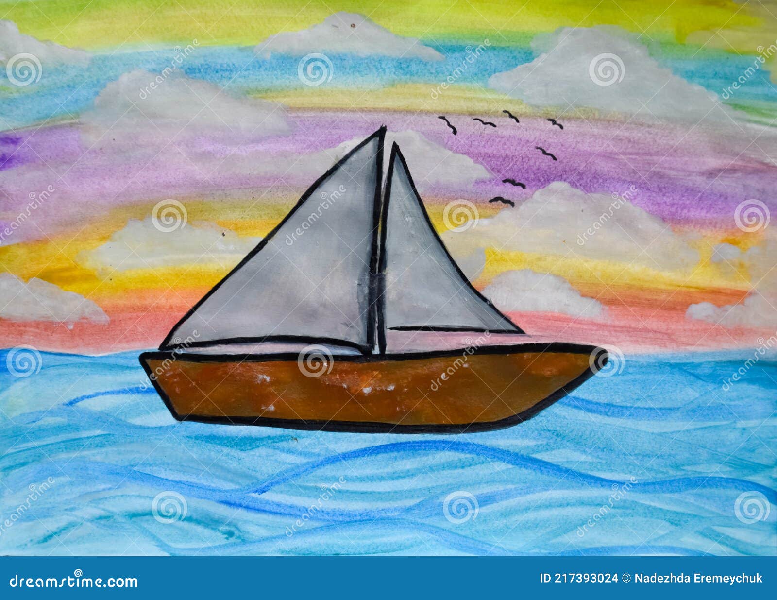 Ship in Sea Against the Backdrop of the Sunset, Drawing Watercolor ...
