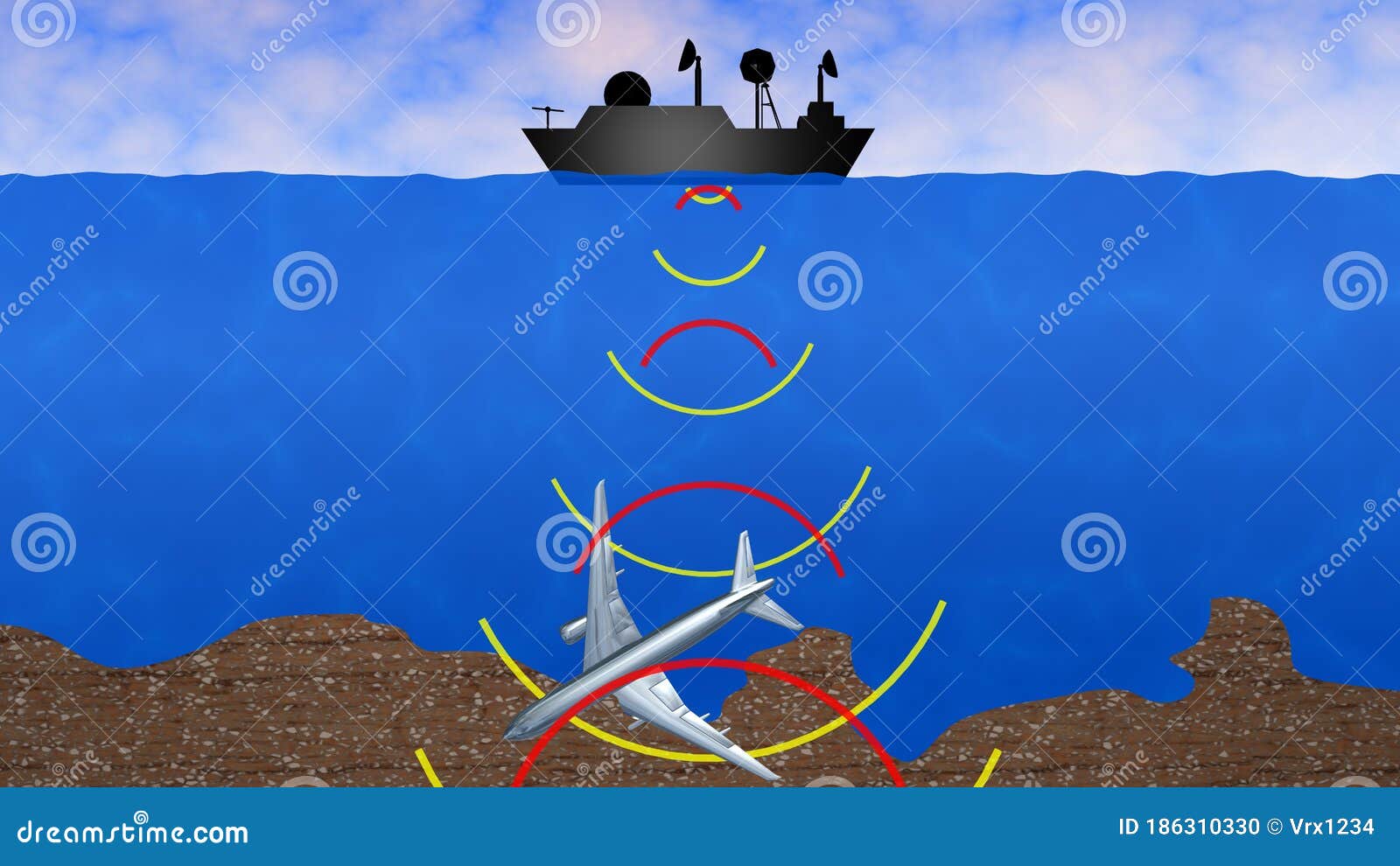 Ship on Sea, Detects Crashed Airplane Using Sonar. 3d Rendering Stock ...