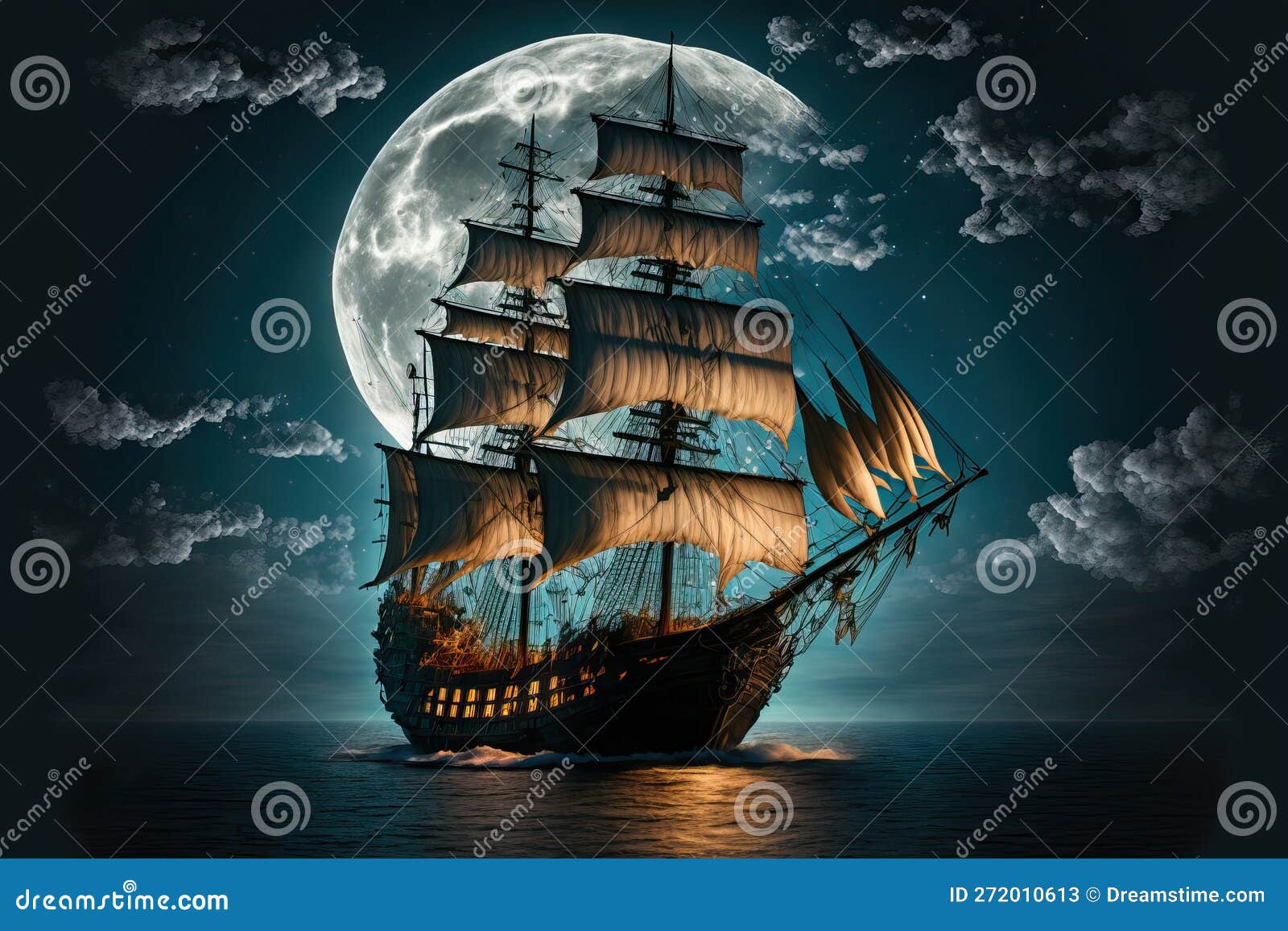 A Ship at Sea with the Moon and the Gorgeous Sky As a Backdrop, Stock ...
