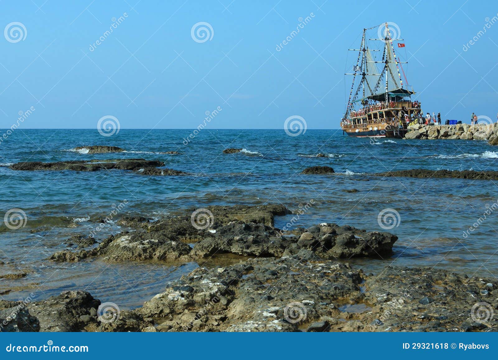 The Ship in the Sea among the Rocks Stock Photo - Image of nature ...
