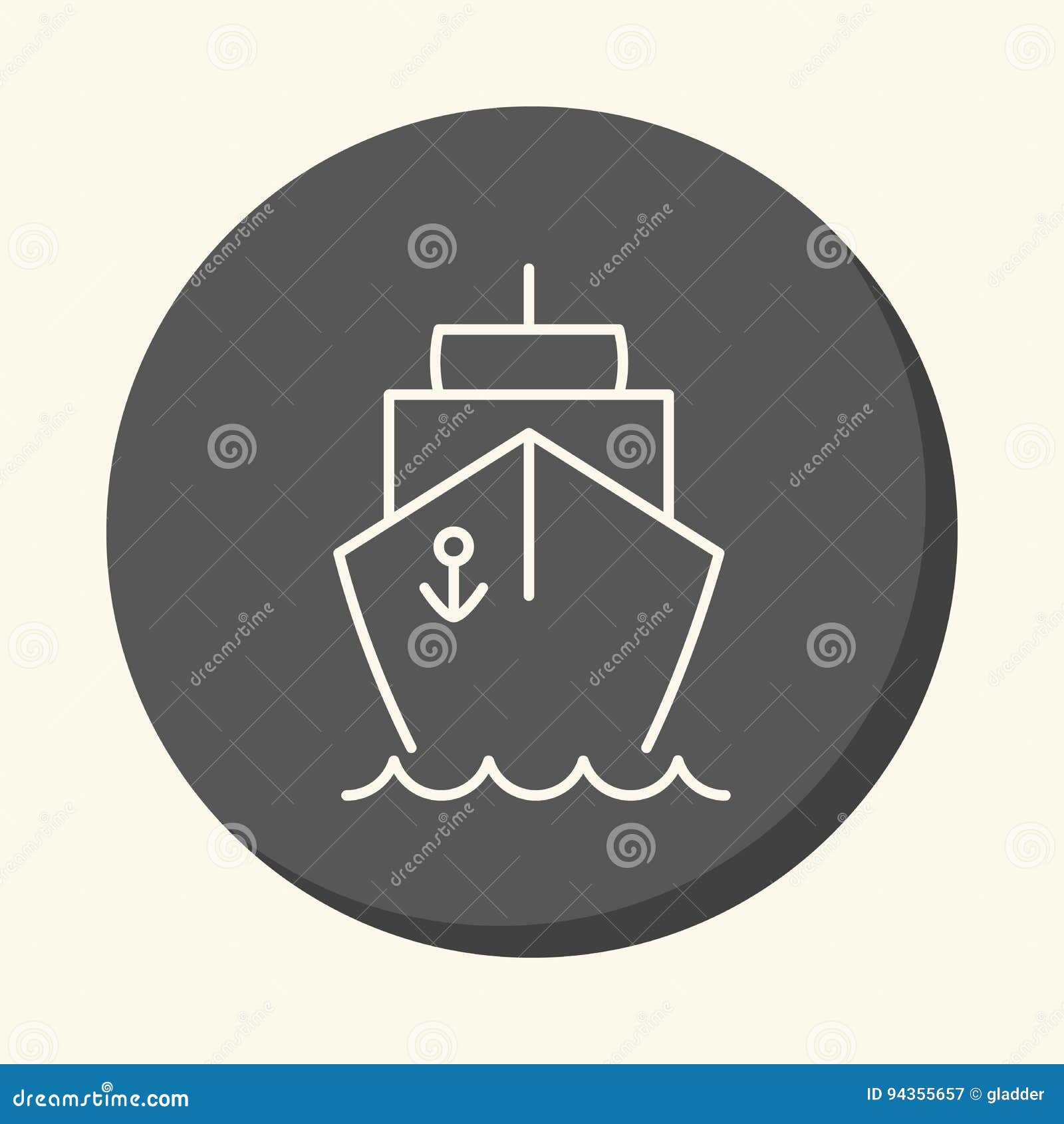 Ship and Sea, Round Linear Icon with Illusion of Volume Stock ...