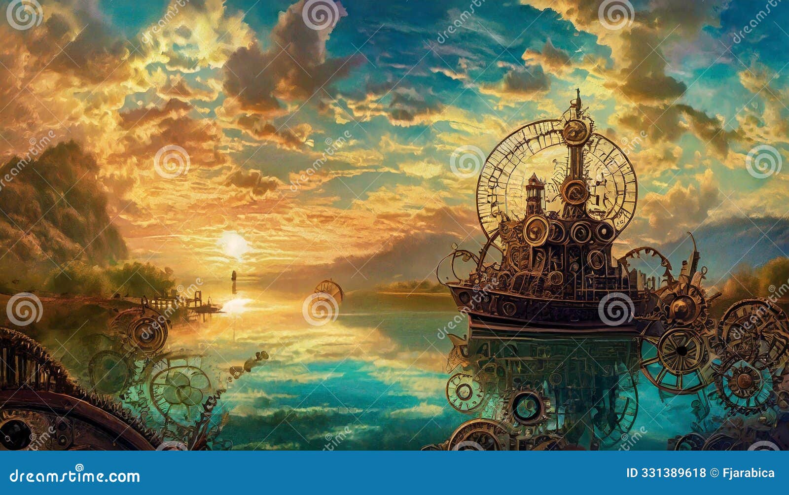 Ship at Sea in Steampunk Style at Sunset Stock Illustration ...