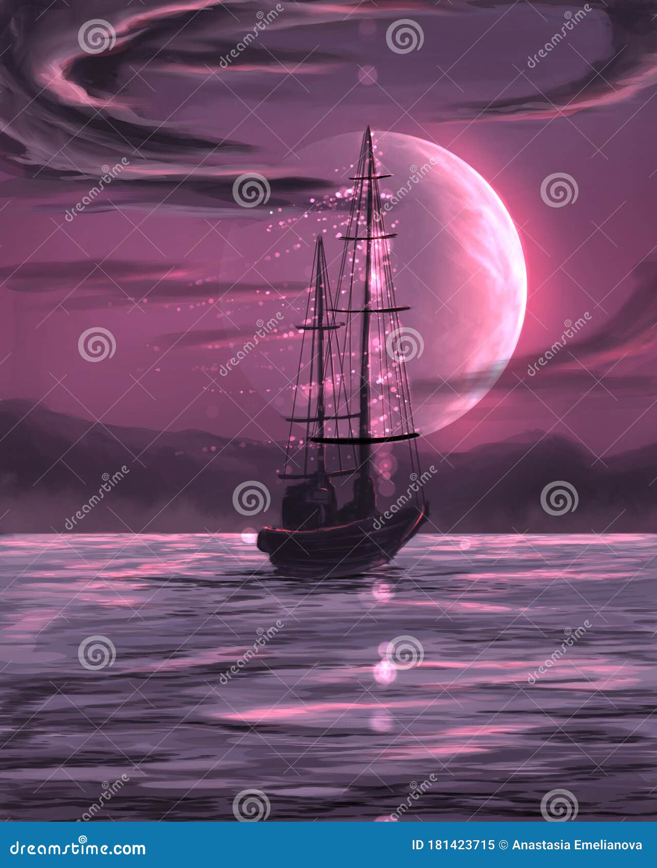 Ship in the sea under moon stock illustration. Illustration of sail ...