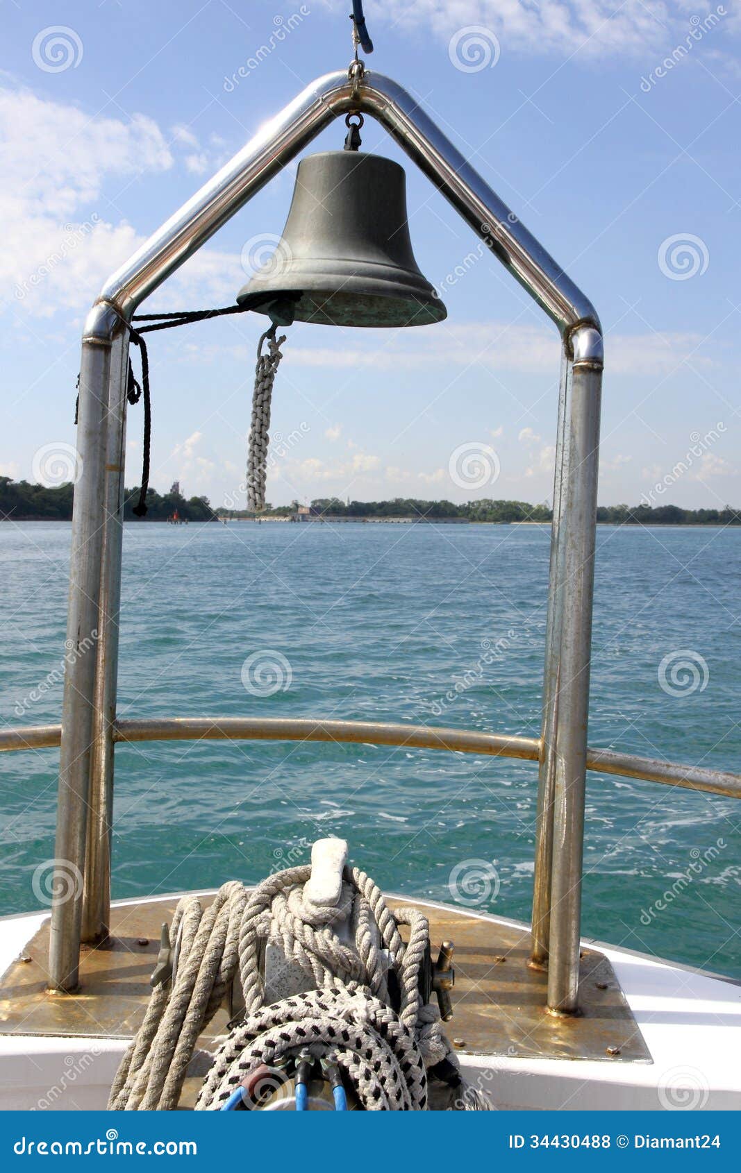 Ship at Sea with View of Lighthouse Deck and Bell Stock Photo - Image ...