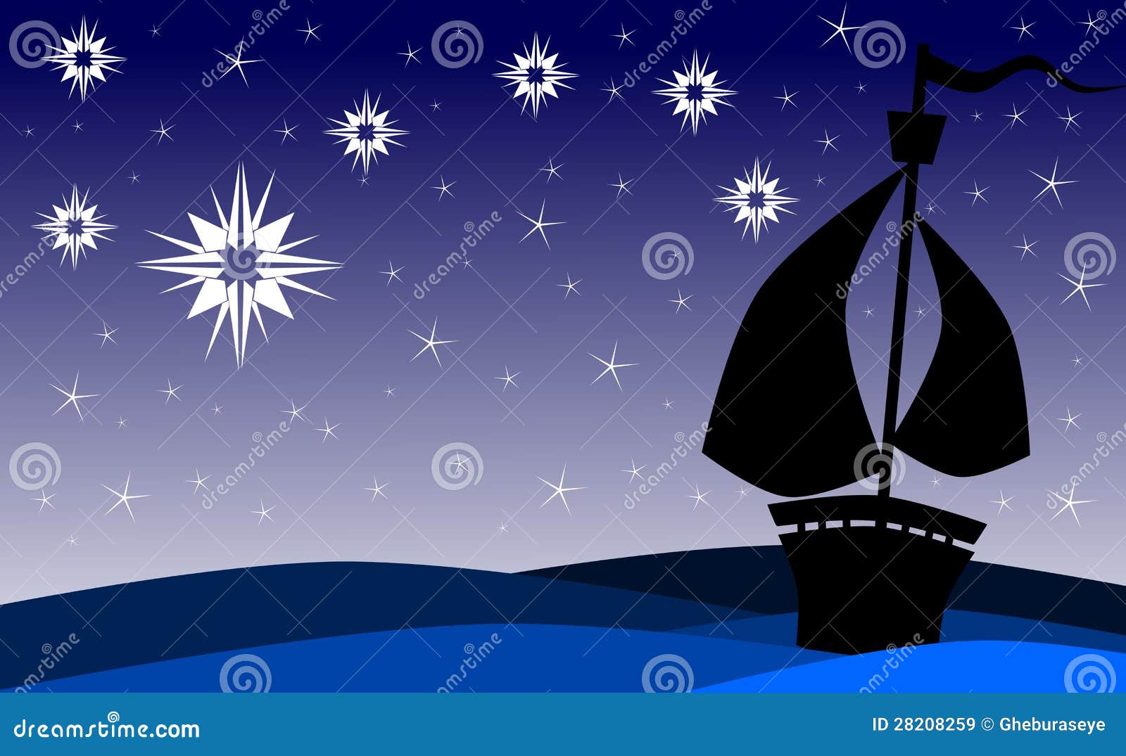 Ship on Sea at Night with Stars Stock Illustration - Illustration of ...