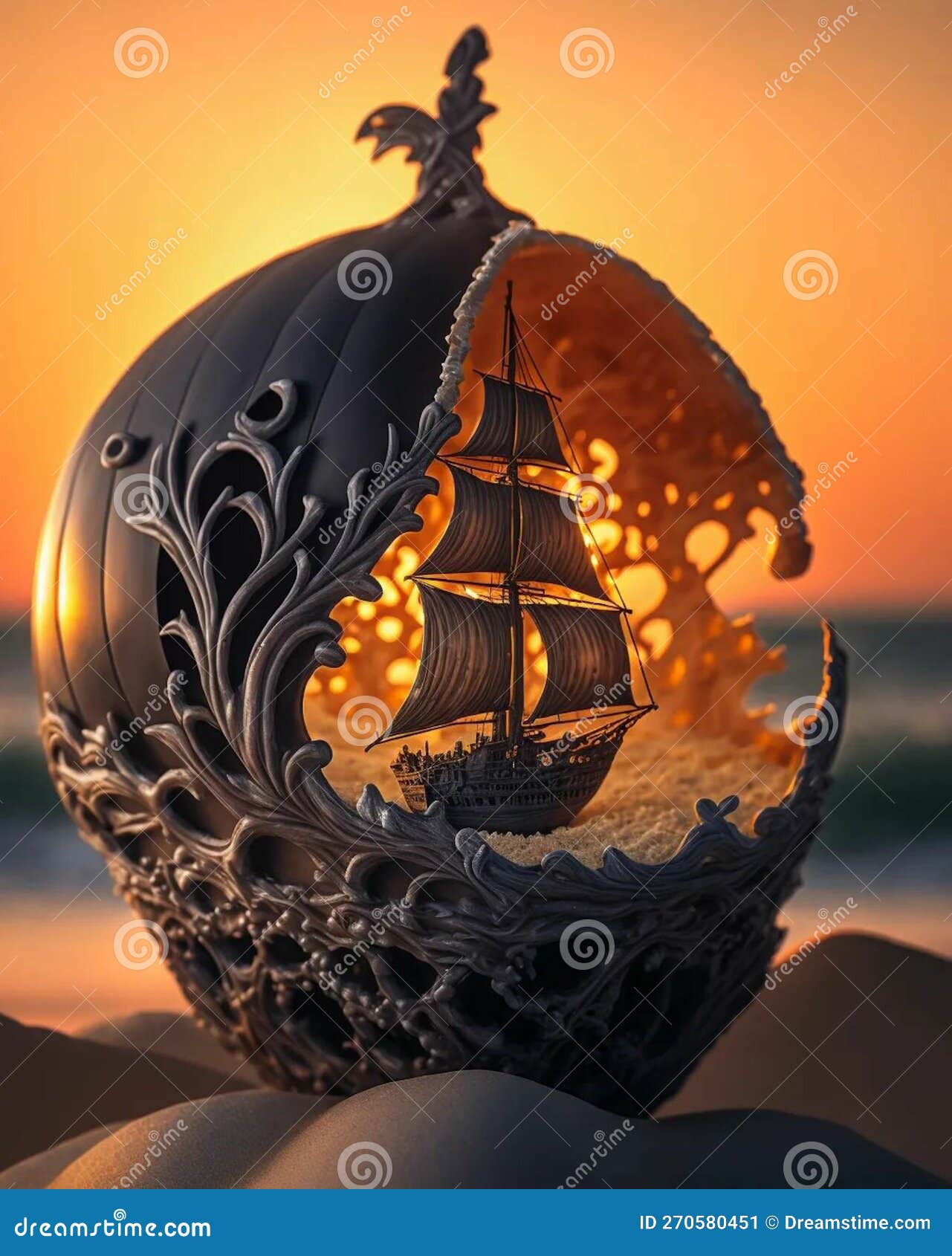 A Ship in a Shell with a Wave Design on the Bottom. Stock Image - Image ...