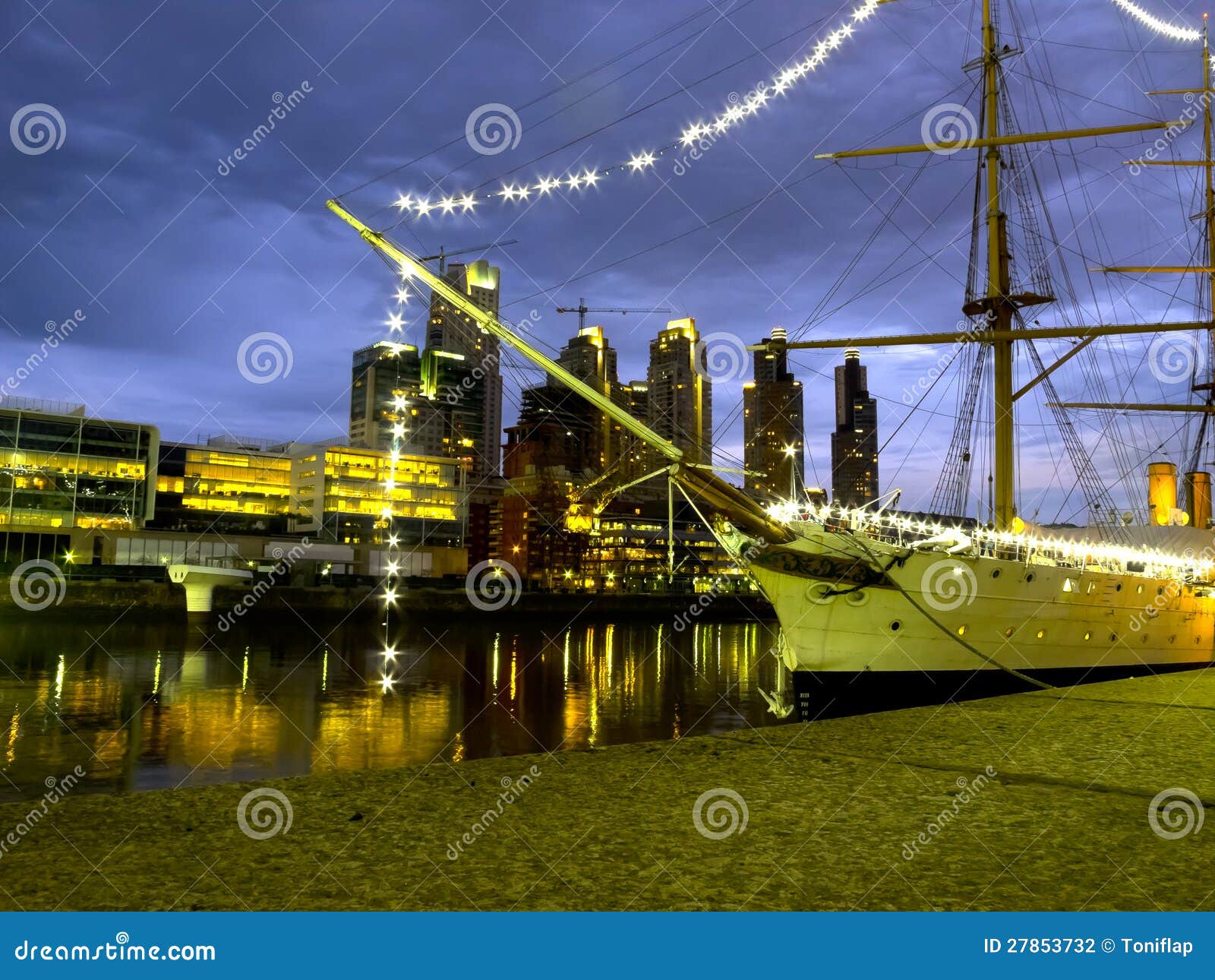 Ship and Skyscraper by Night Stock Photo - Image of landmark, living ...
